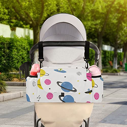 Kigai Cosmos Ufo Alien Baby Stroller Organizer with Cup Holders, Secure Hooks Accessories Adjustable Strap Stroller Bag for Bottle, Diaper, Phone, Toys, Baby Items