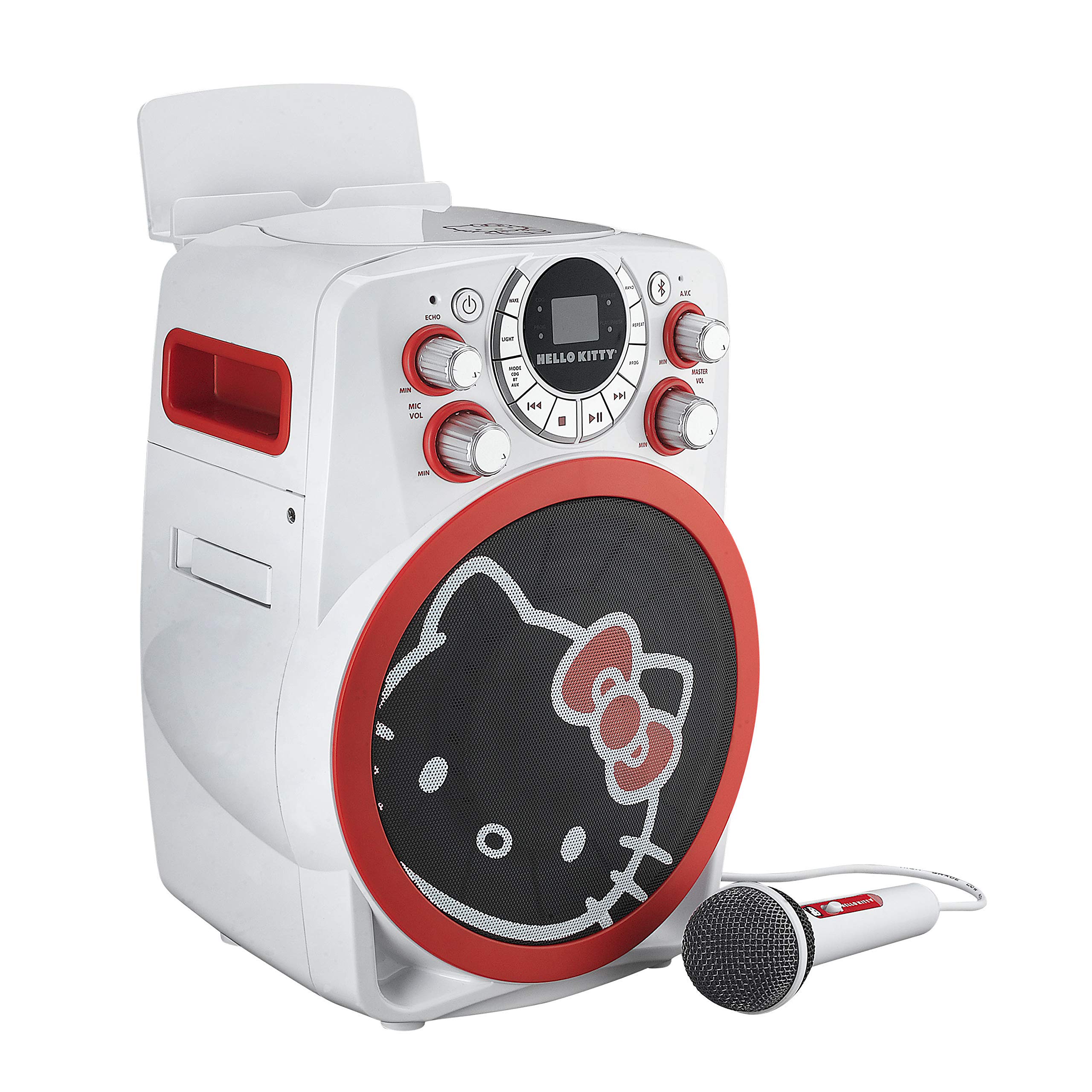 Hello Kitty Bluetooth CDG Karaoke Machine with LED Disco Party Lights, Built in Microphone for Kids, Portable Bluetooth Speaker, AVC, CDG Disks, Compatible with Samsung Apple Tablets MP3 and TV