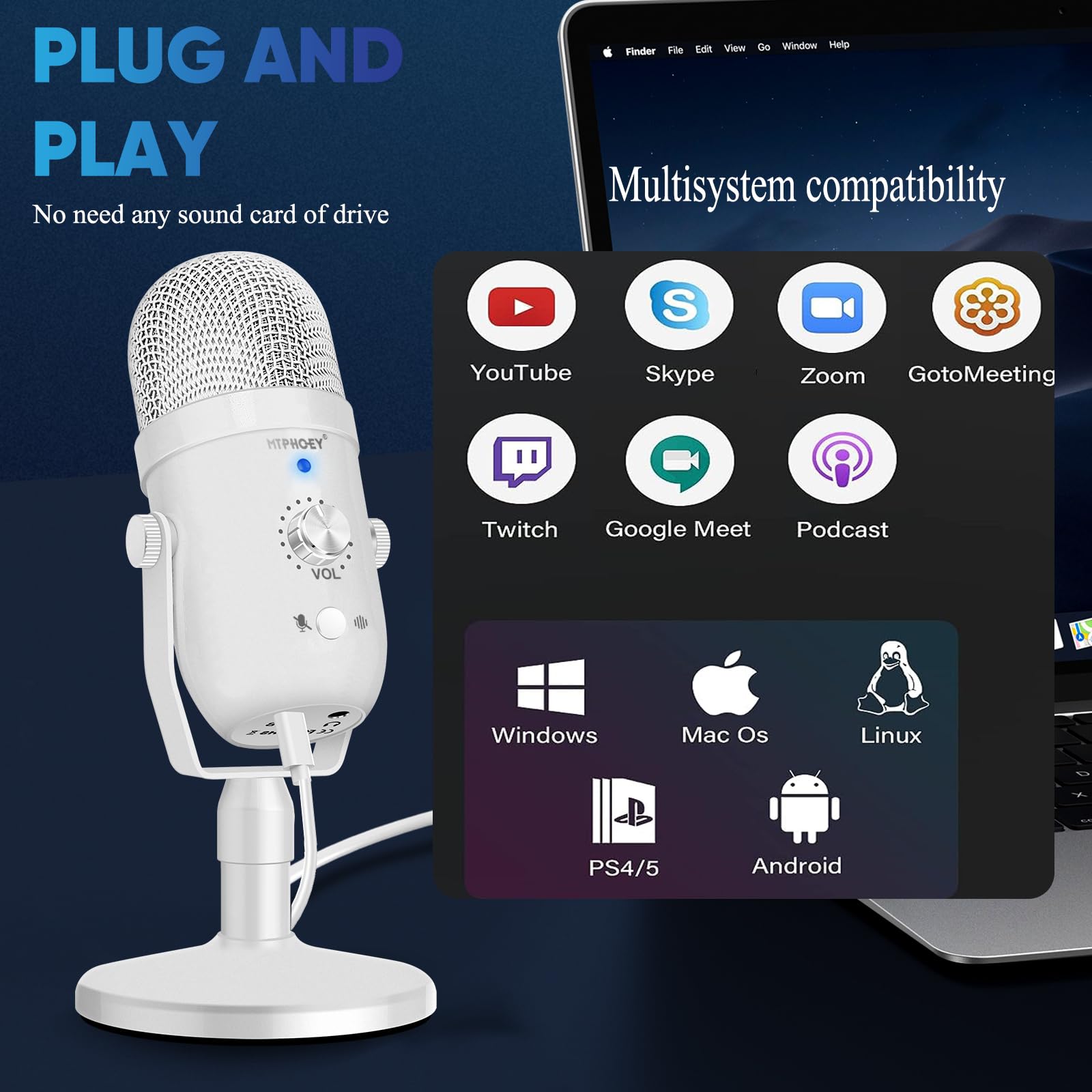 MTPHOEY USB Podcast Microphone,Pro Computer Condenser Gaming Mic for PC/Laptop/Phone/PS4/5 with Noise Cancelling,Metal Asmr Microphone Plug&Play, Mute Button for Streaming,Podcast,Gaming,TikTok