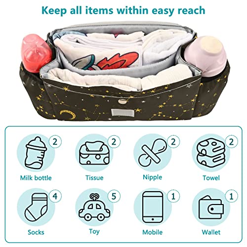 Kigai Star Moon Constellations Baby Stroller Organizer with Cup Holders, Secure Hooks Accessories Adjustable Strap Stroller Bag for Bottle, Diaper, Phone, Toys, Baby Items