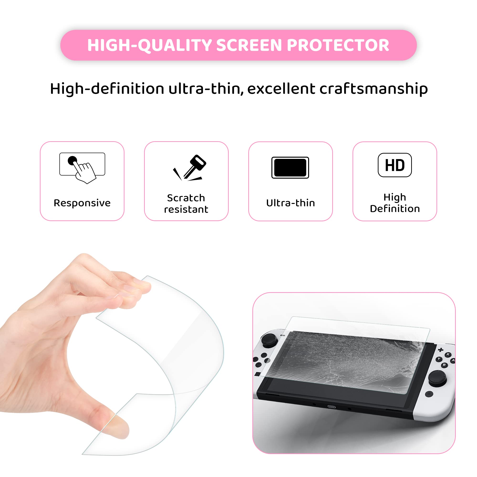 LASTYAL Glitter Sakura Case Compatible with Nintendo Switch OLED, Clear Protective Shell with Cherry Blossoms for Switch OLED and Joycon Controller with Screen Protector and 4 Thumb Caps Grip