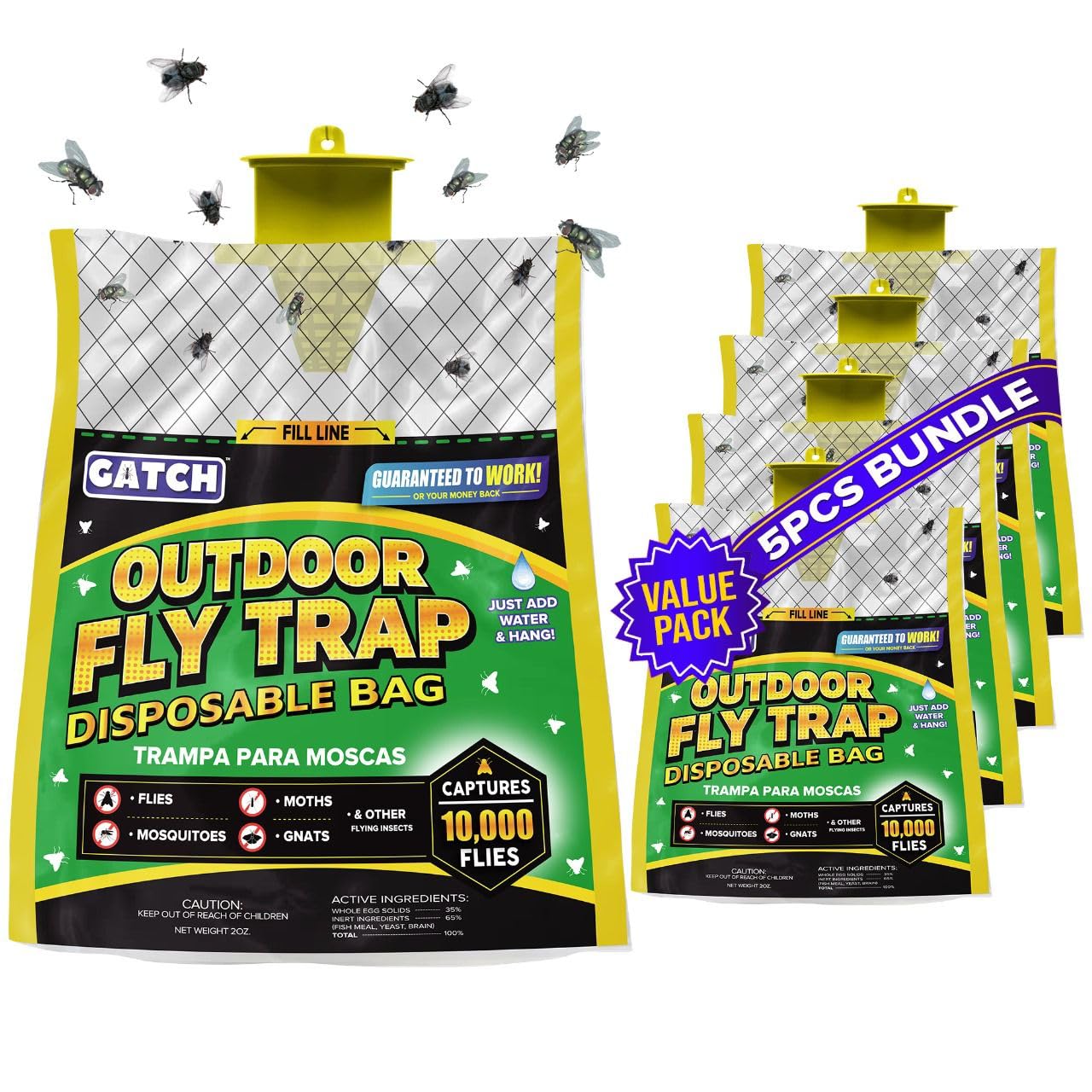 Outdoor Fly Trap Bags (5 Pack), Disposable, Hanging Fly Catcher with Bait, Outdoor Use Fly Hunter Repellent Control Catcher Killer, Flies Trap for Barn, Farm, Mosquito, Bugs, Gnats, Ready to Use