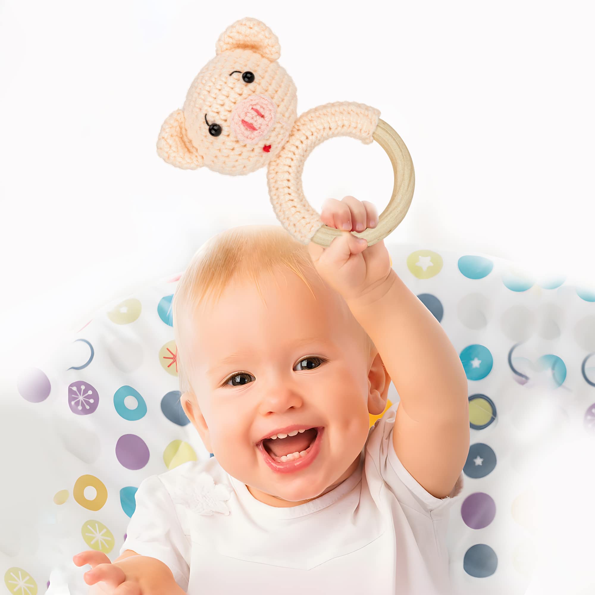 LUJCCHY Animals Wooden Baby Rattle Toys Stuffed Crochet Rattle with Teether Ring for Newborn, Shaker Rattles Natural Infants First Toy Gift