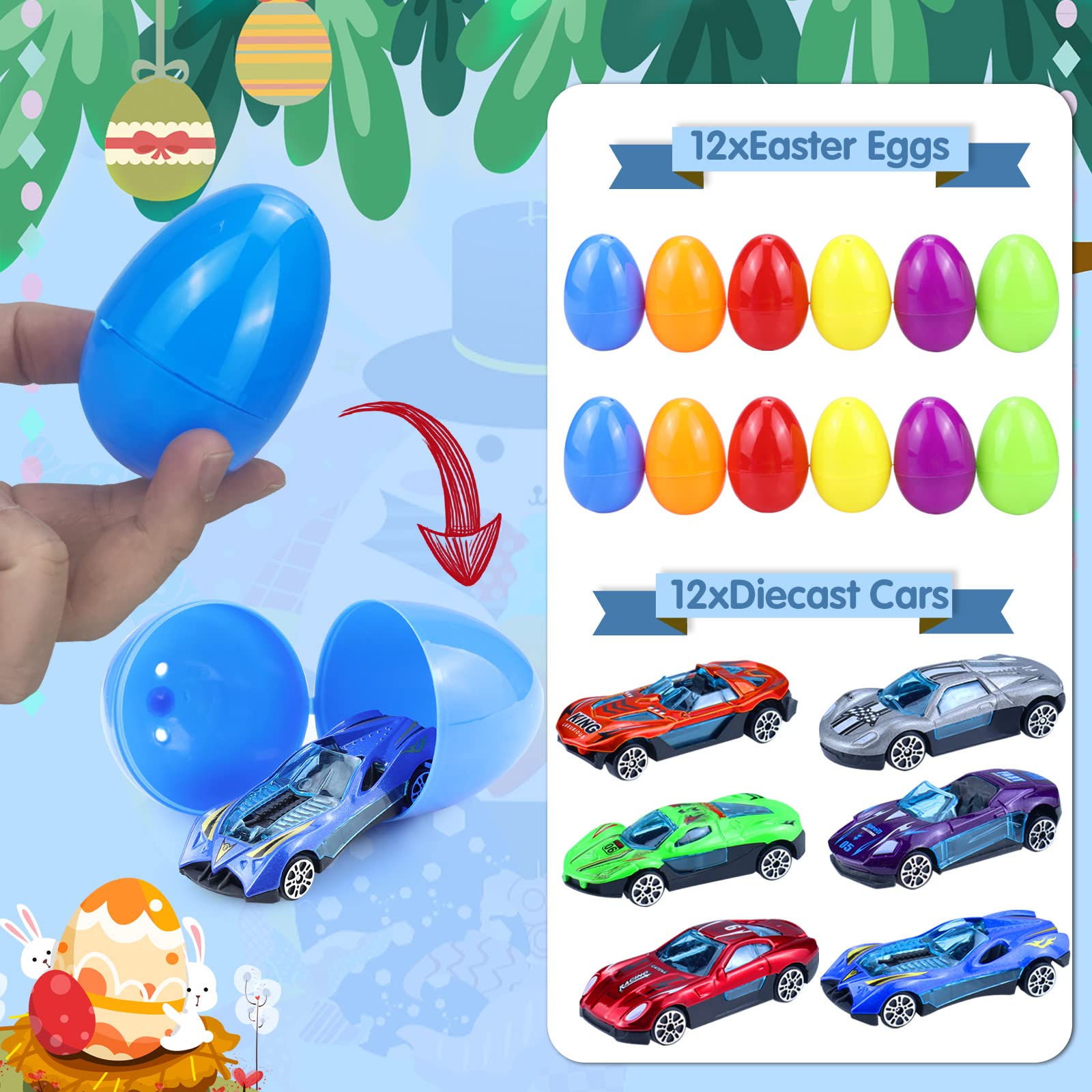 OCHIDO 12 Pack Easter Eggs Toys with Die-Cast Cars,Boy Easter Basket Stuffers for Kids,Easter Eggs Hunt,Prefilled Easter Eggs with Toys,Easter Party Supplies Bulk