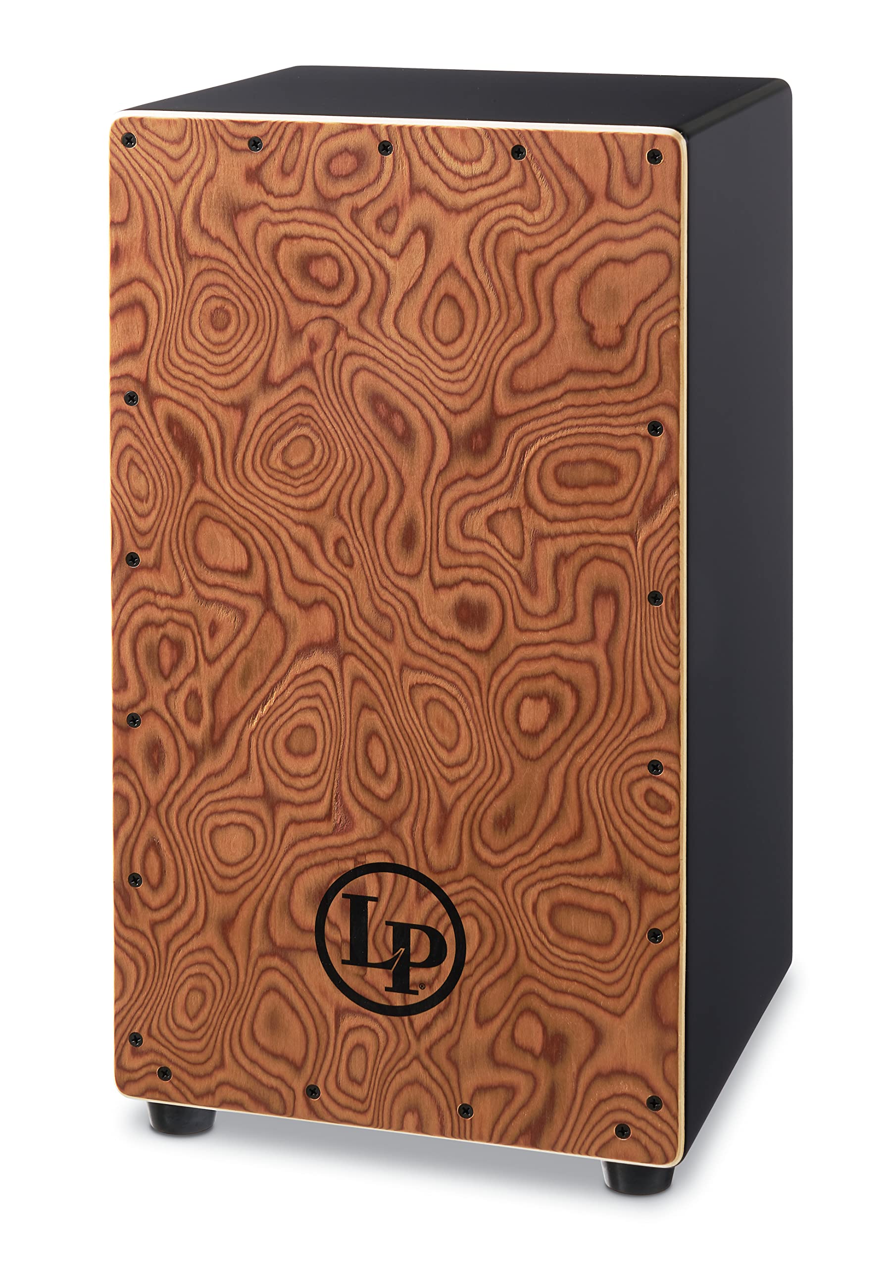 Latin Percussion Box Exotic Cajon, Black with Figured Cerice Craftwood Soundboard, H-19” W-11” D-10” (LP1428NYFC-K)
