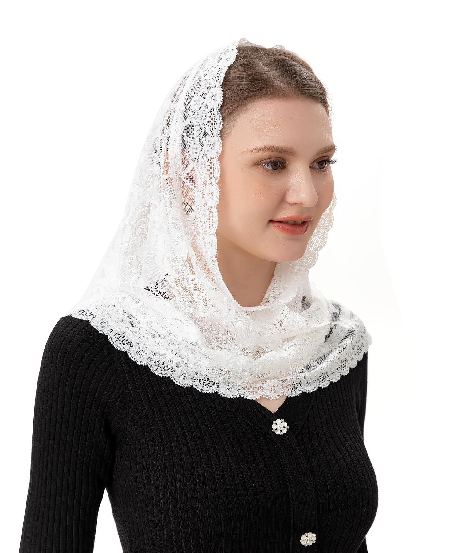 PAMOR Veils for Church Catholic Triangluar Scarf Embroidered Chapel Veil Head Covering Latin Mass Mantilla (White)