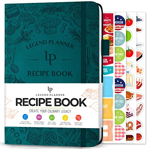 Legend Recipe Book – Blank Family Cookbook to Write In Your Own Recipes – Empty Cooking Journal – Personalized Cooking Notebook, Hardcover, A5, 58 Recipes In Total (Dark Teal)