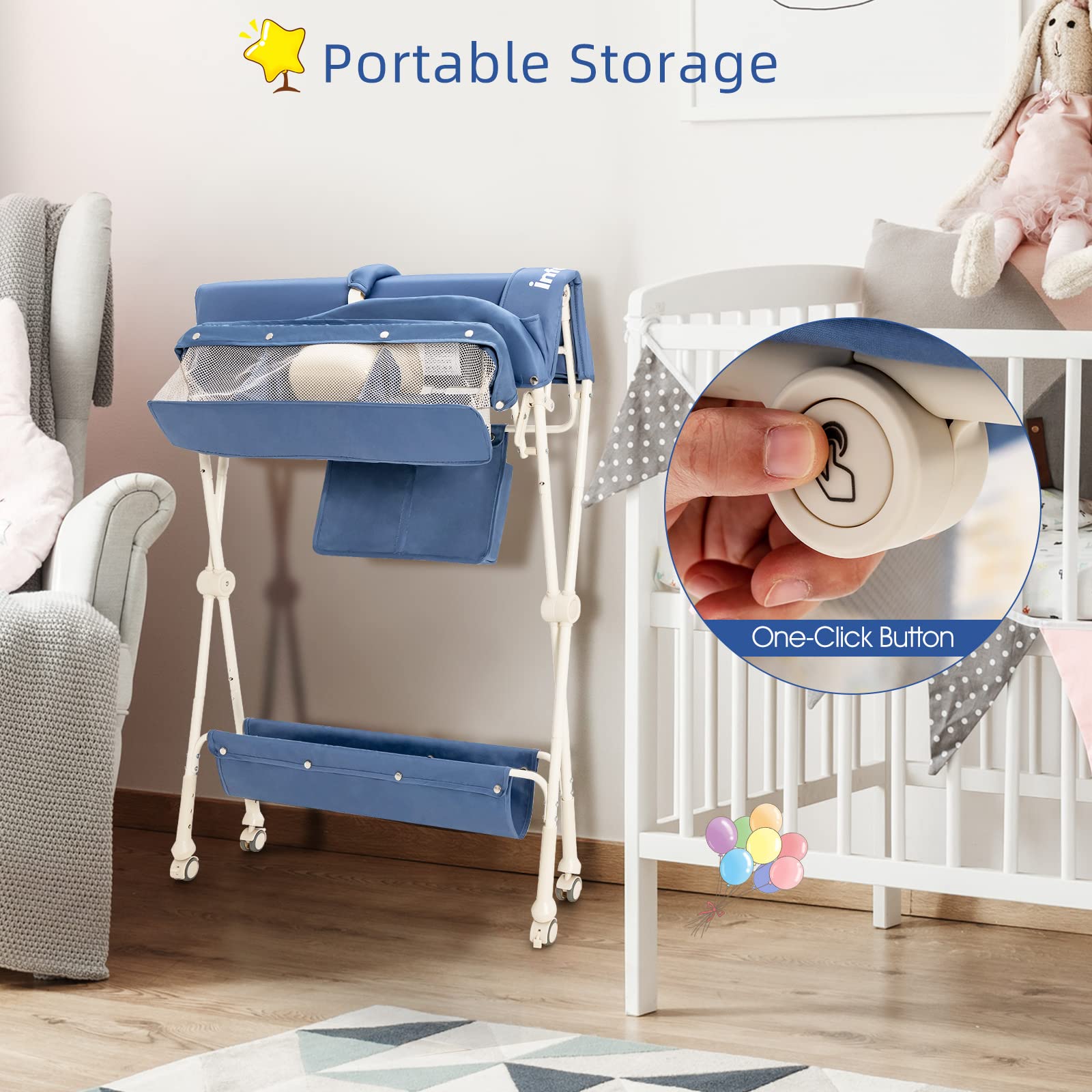 INFANS Portable Baby Changing Table, Folding Diaper Dresser Station with Wheels, Adjustable Height, Safety Belt, Drying and Storage Rack, Mobile Nursery Organizer Stand for Newborn Infant (Gray)