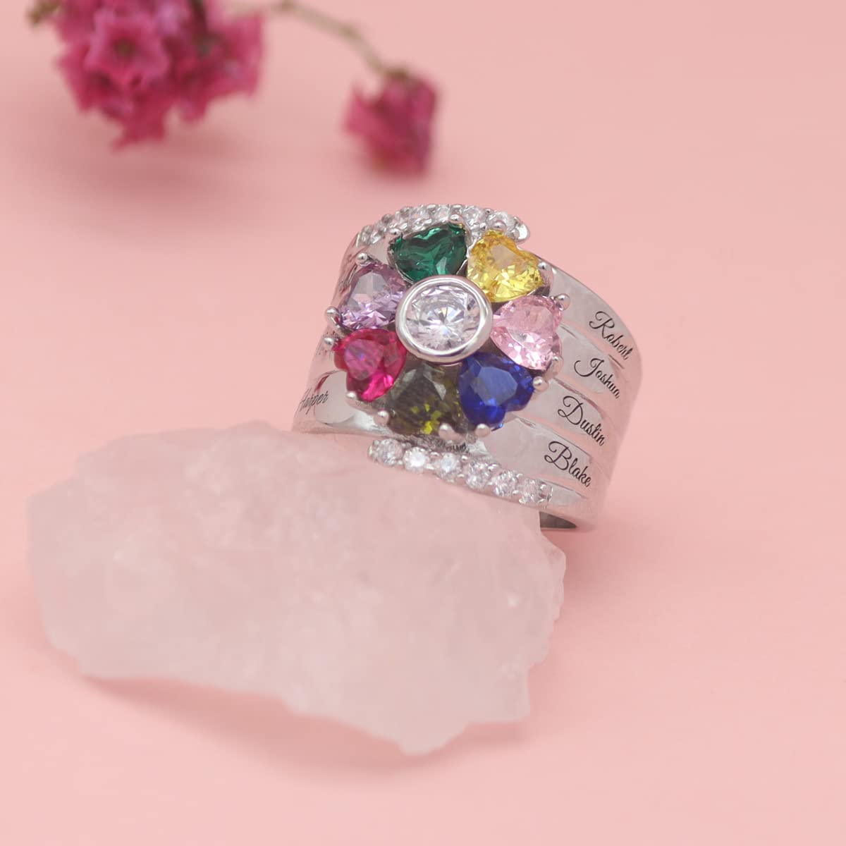 Laleonpame Custom Grandmother Ring Sterling Silver with 7 Birthstones & Names Family Wedding Band Mother's Day Ring