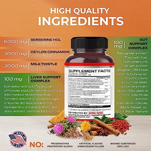 Ultra Herbs Premium Berberine 12,200MG with Cinnamon, Milk Thistle *USA Made & Test* Promotes Liver Function, Gut Health, Immunity (150 Count (Pack of 1))