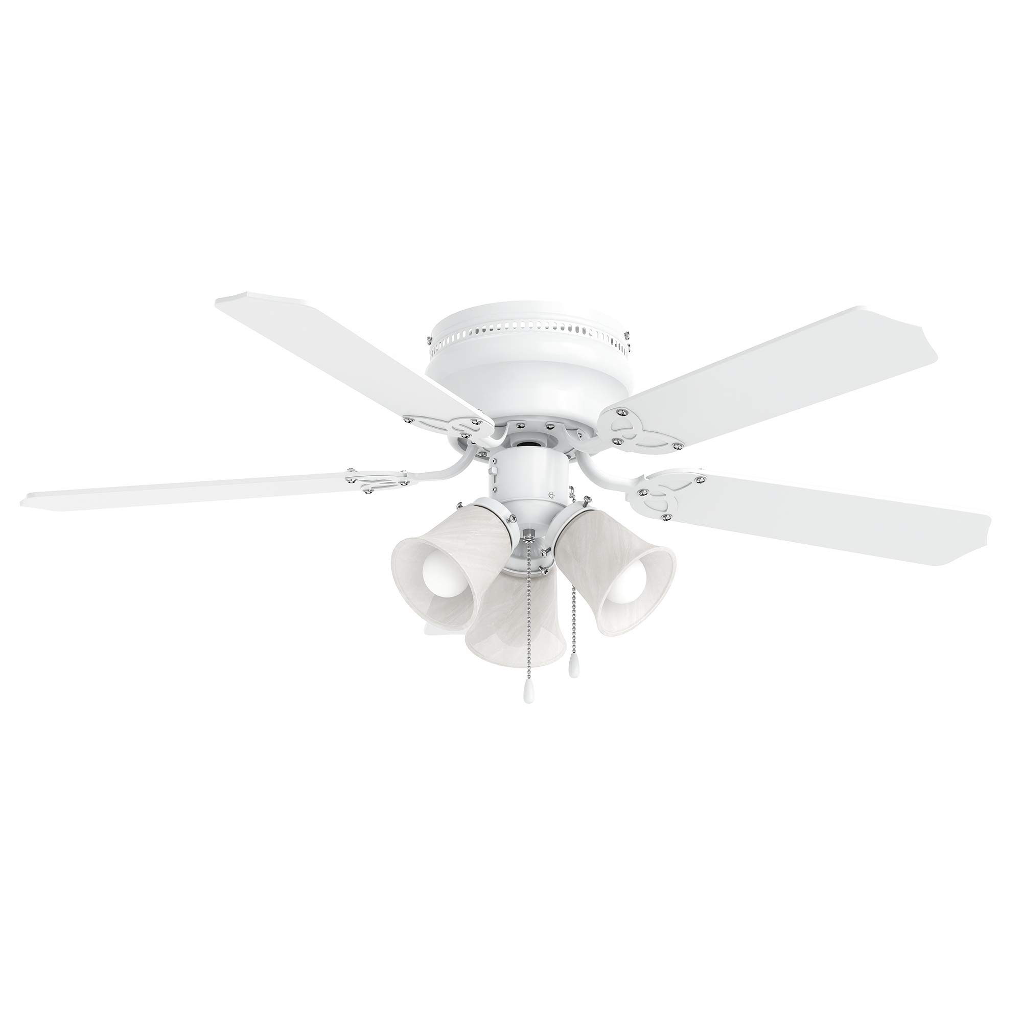 Inlight 42" Classic Flush Mount Ceiling Fan with Pull Chain and 3 Lights, 5 Wood Blades and 3 Speed Reversible Motor, Hugger Ceiling Fan for Small Rooms or Low Ceilings, White Finish, IN-0704-1-WH
