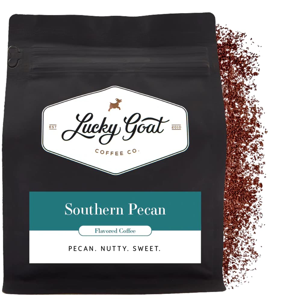 Lucky Goat Flavored Ground Coffee – Southern Pecan – Nutty, Pecan, Light Body, Low Acidity, Smooth and Sweet - Medium Roast, 12 Ounce Bag, Arabica