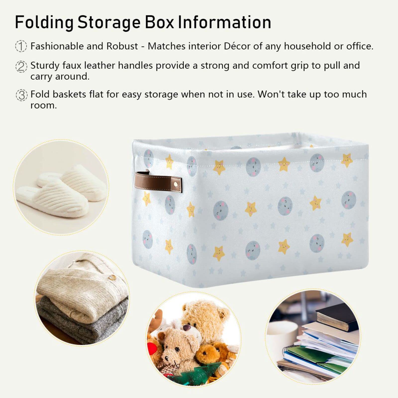 KEEPREAL Cute Moon Stars Storage Basket Bin, Large Cube Storage Box Canvas Collapsible Storage Organizer for Home Office Closet - 15 L x 11 W x 9.5 H