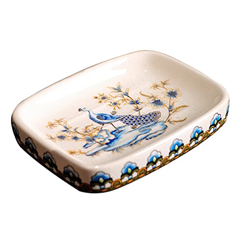 Kelake Ceramic Soap Dish, Ice Crack Ceramic Peacock and Flower Soap Dish Holder for Bathroom, Creative Porcelain Shower Soap Tray Box Bath Accessories with Two Drain Holes
