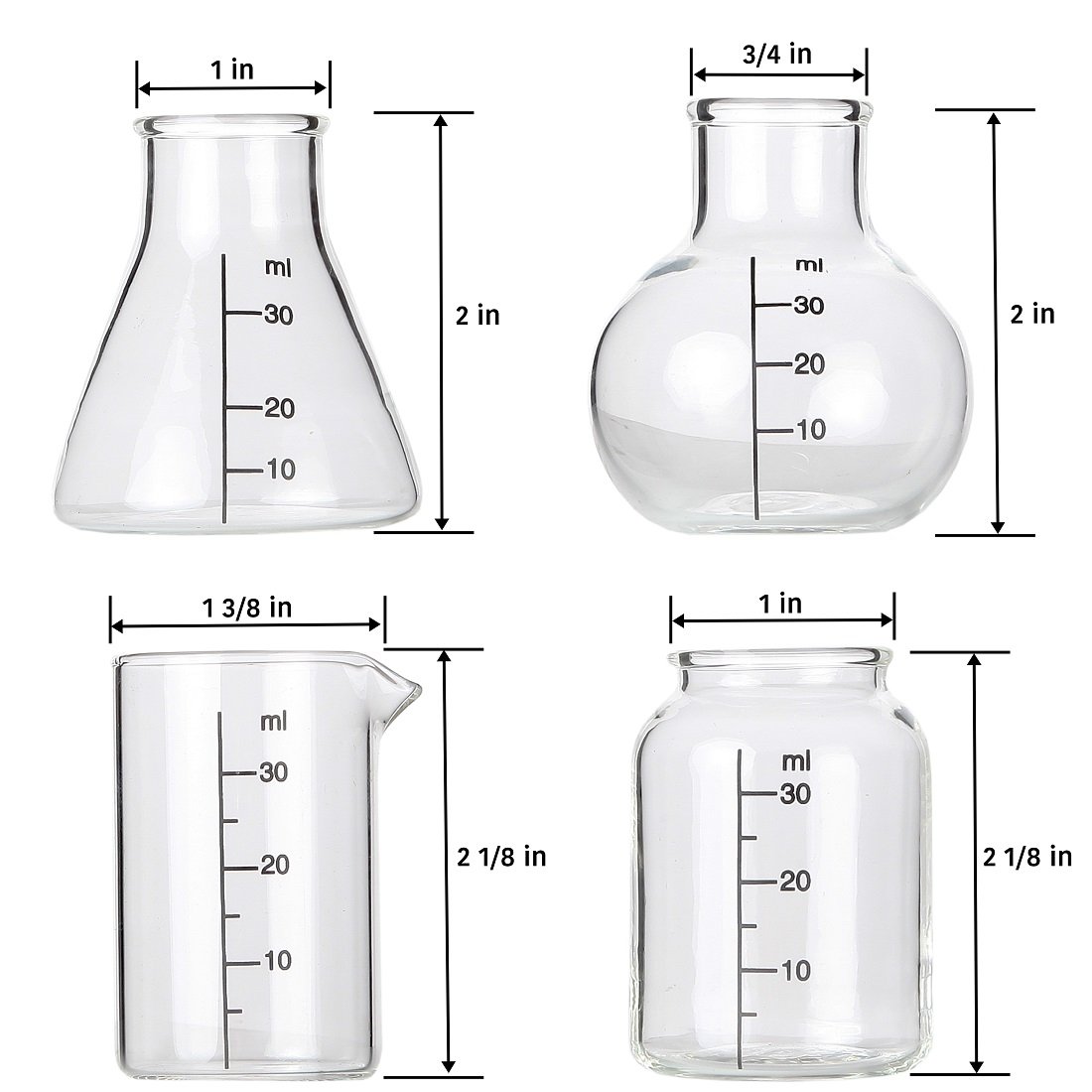 Lily's Home Mini Science Beaker and Flask Shot Glasses, Great Gift for Chemistry and Bio Grads, Nurses and Doctors, Clear 2 to 2 1/8" Tall, Set of 4 Assorted