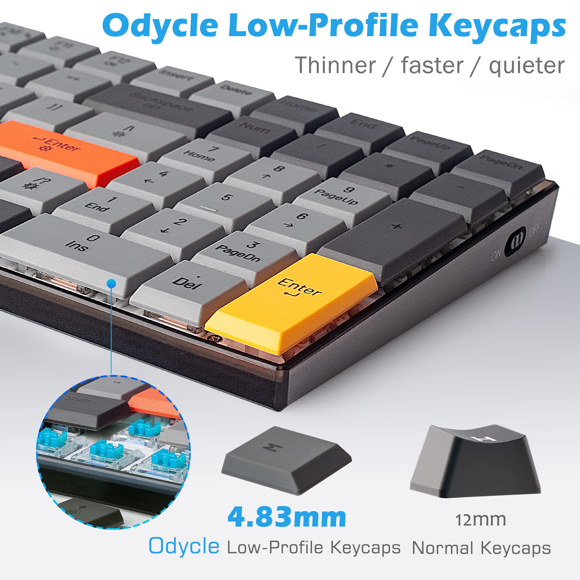 Odycle K99 Mechanical Keyboard, Low Profile Wireless Keyboard, Supports Bluetooth 5.0, 2.4G and USB Wired Connection, Compatible with Windows and Mac OS Systems, Blue Switch - Black