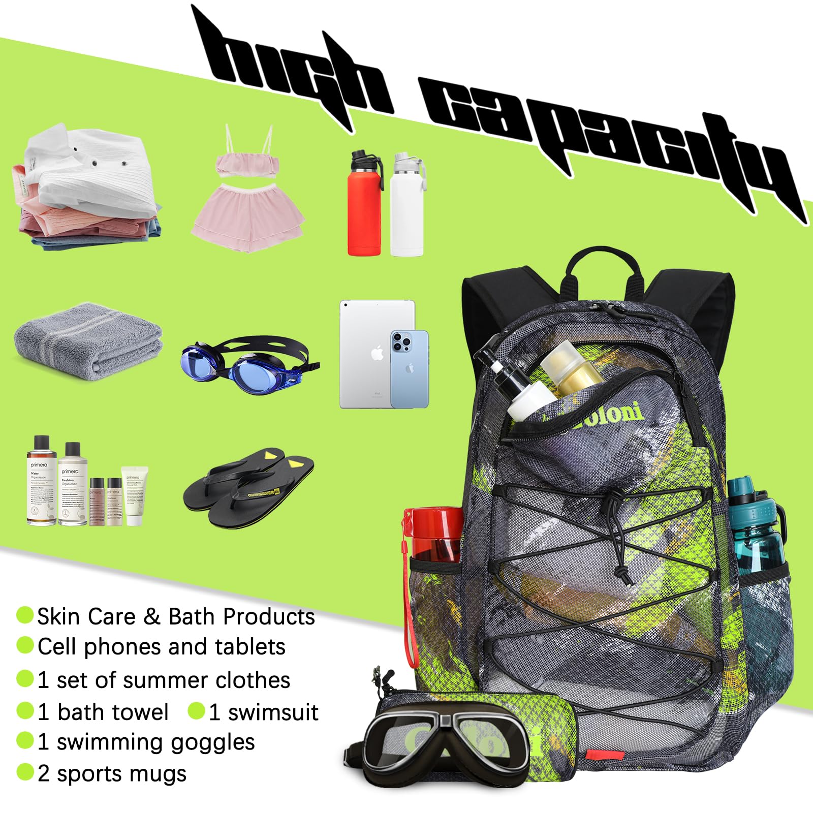 Goloni Swim Bag Lightweight Mesh Beach Bag Quick Dry See Through Backpack For Swimming Beach Gym Workout Gear (Black)