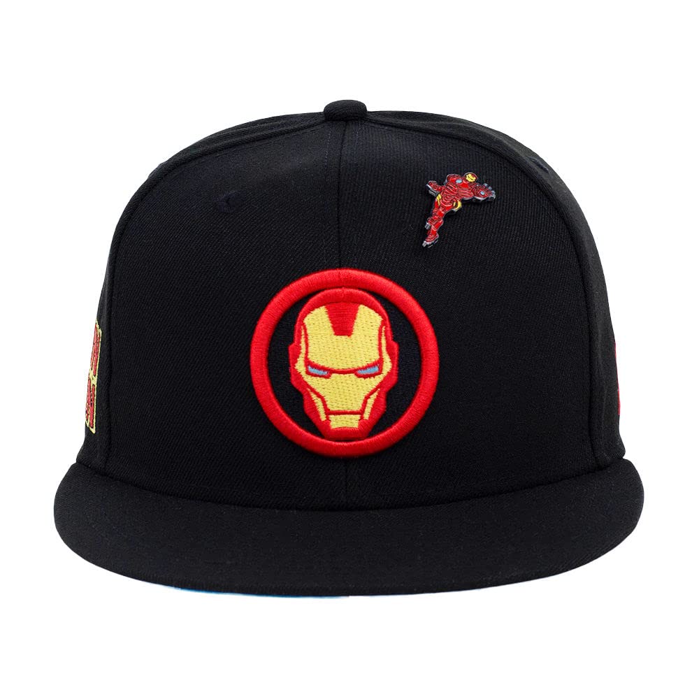 Marvel Ironman Fashion Fitted w/Pin Flat Bill Cap (Black/Sky Blue, 7)