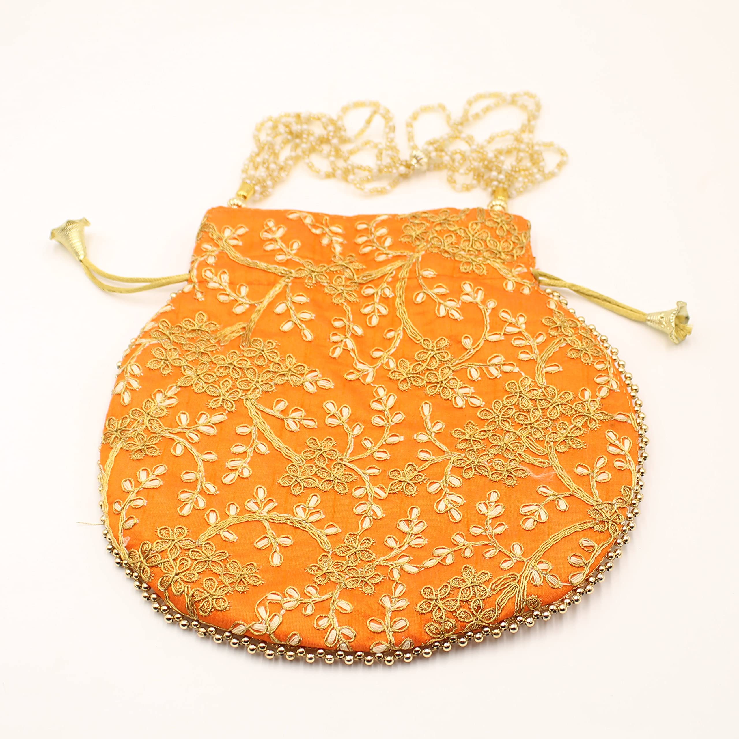 Indian Handmade Flower Embroidered Multi Color Silk Potli Bag Clutch Purse Pouch Drawstring Bag For Women's Wedding Gift (Orange)