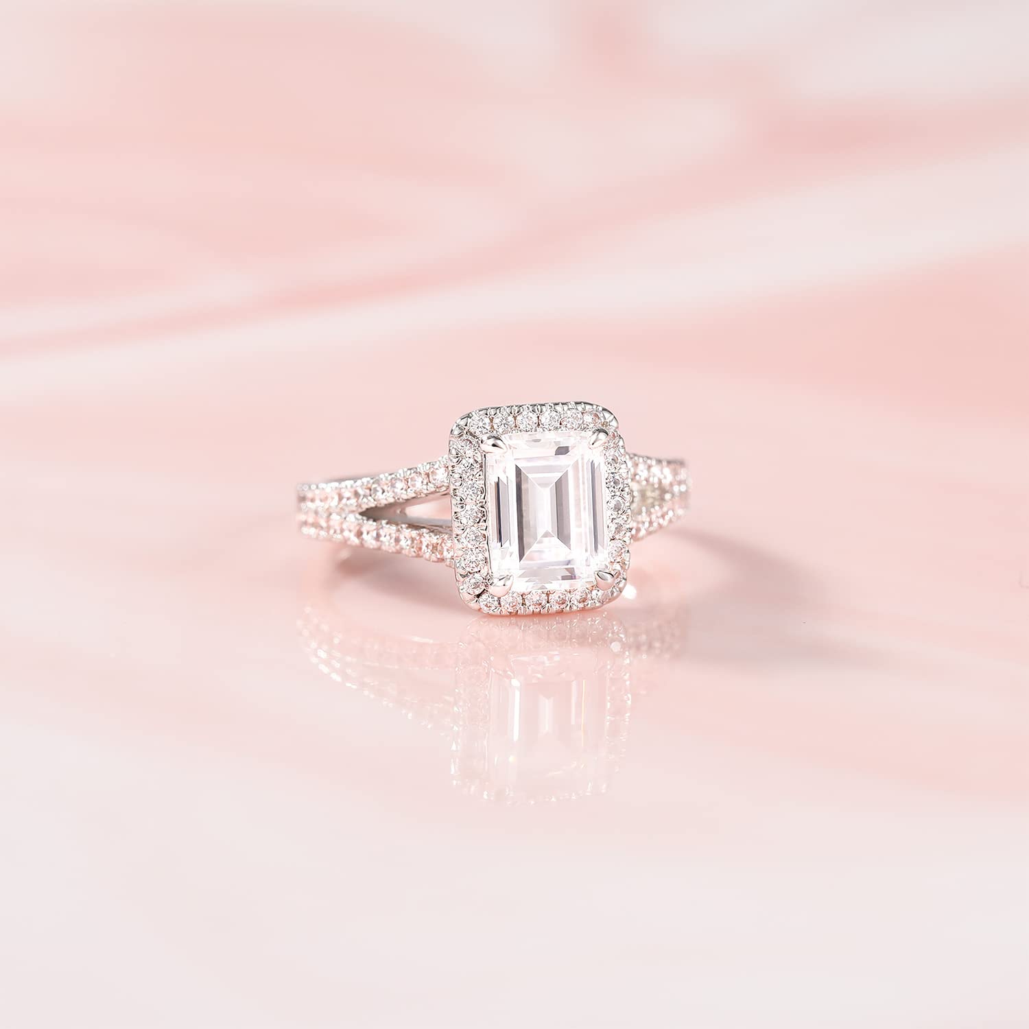 Mameloly 2CT Engagement Rings for Women Emerald Cut Cubic Zirconia Wedding Band Curved Halo Promise Rings for Her Size 6