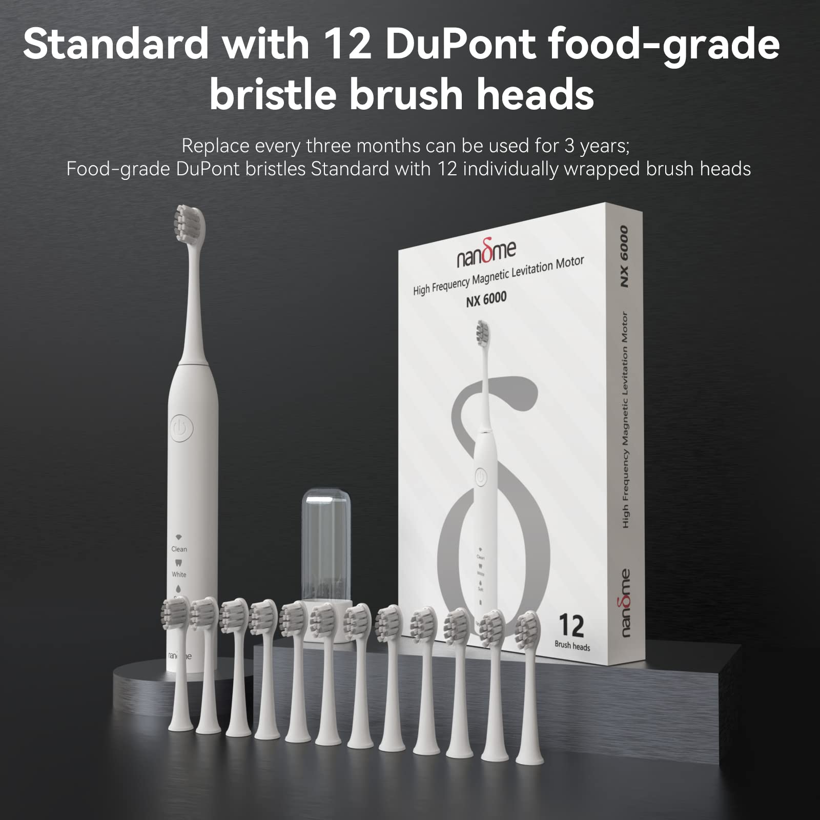 Nandme Sonic Electric Toothbrush - Deep Cleaning, Fast Charging, 12 Brush Heads, IPX7 Waterproof, White