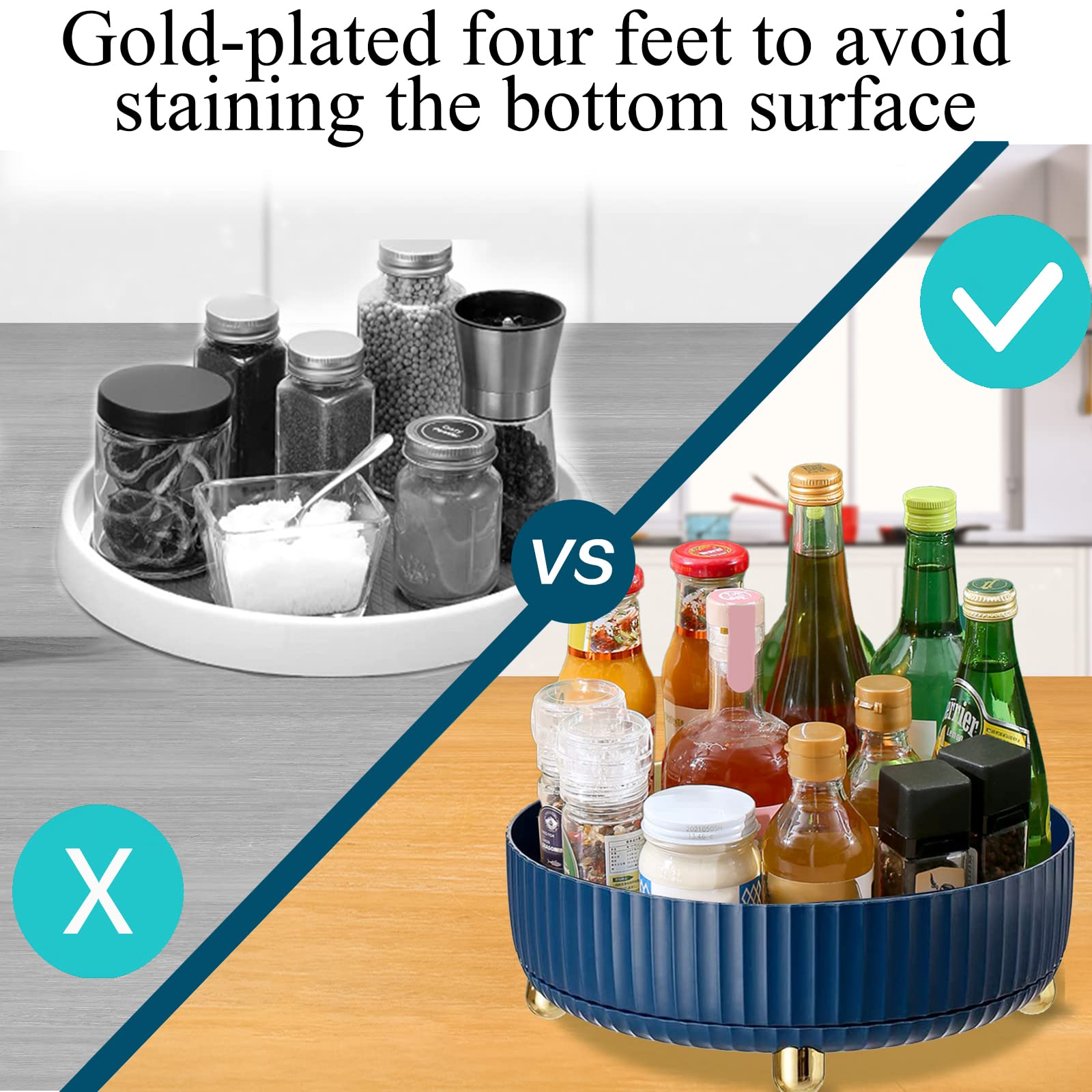 KEJONE 11" Blue Lazy Susan, 2.4" Striped Fence Rotating Storage Rack, Turntable for Cabinet, 360 Rotating Makeup Organizer, Bathroom Turntable Organizer, Perfume Tray with Gold Plated 4 Legs
