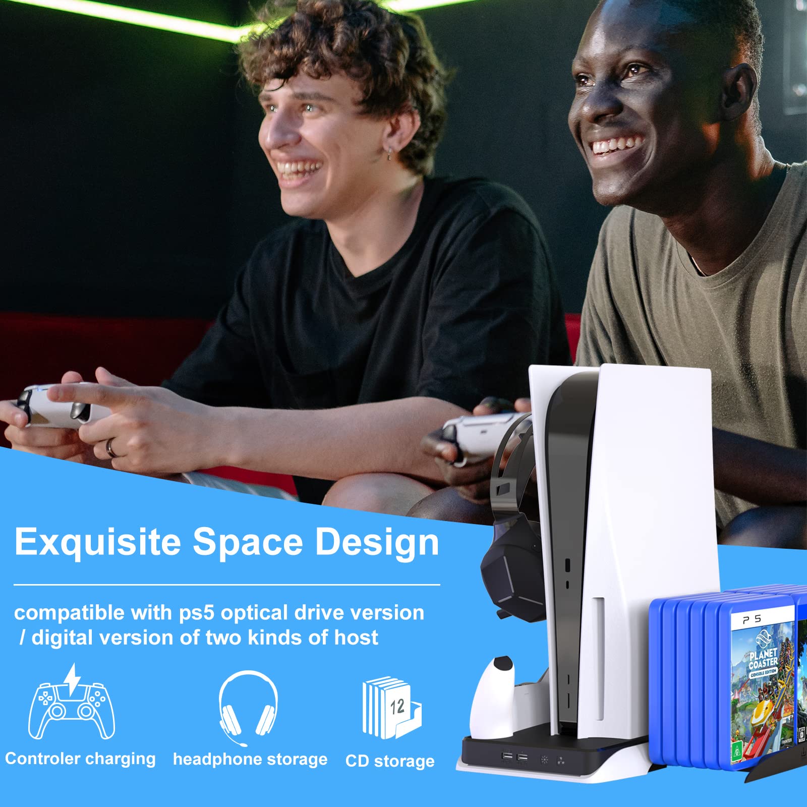 LANCUBE PS5 Stand with Cooling Station, PS5 Dual Controller Charging Station and LED Light for Playstation 5 Console Disc & Digital Edition, Cooling Fan, Headset Holder,12 Game Slots