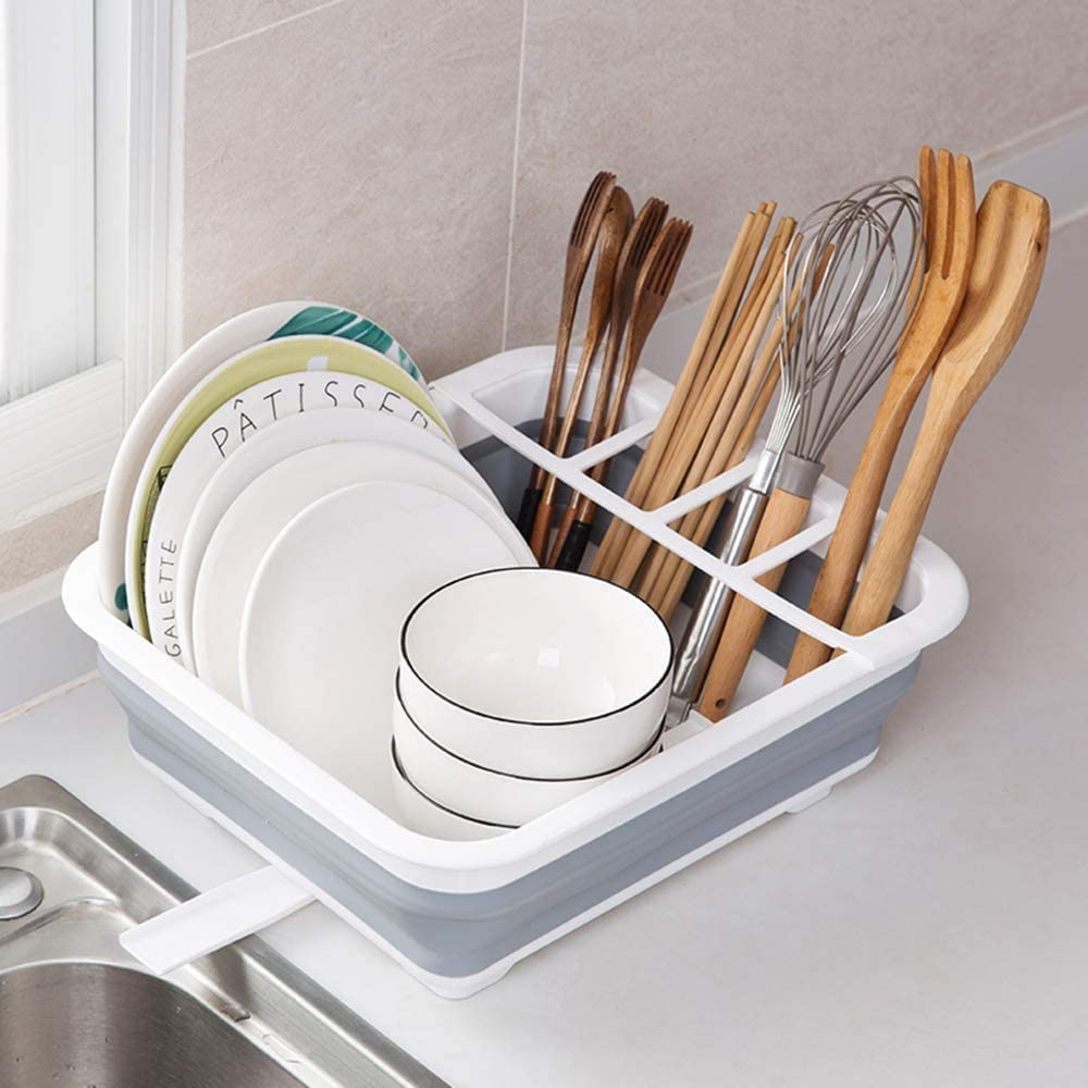 LLygezze Collapsible Dish Drying Rack, Silica Gel Drain Rack with Swivel Sprout for Kitchen Counter RV Campers Portable Dinnerware Organizer(Gray)
