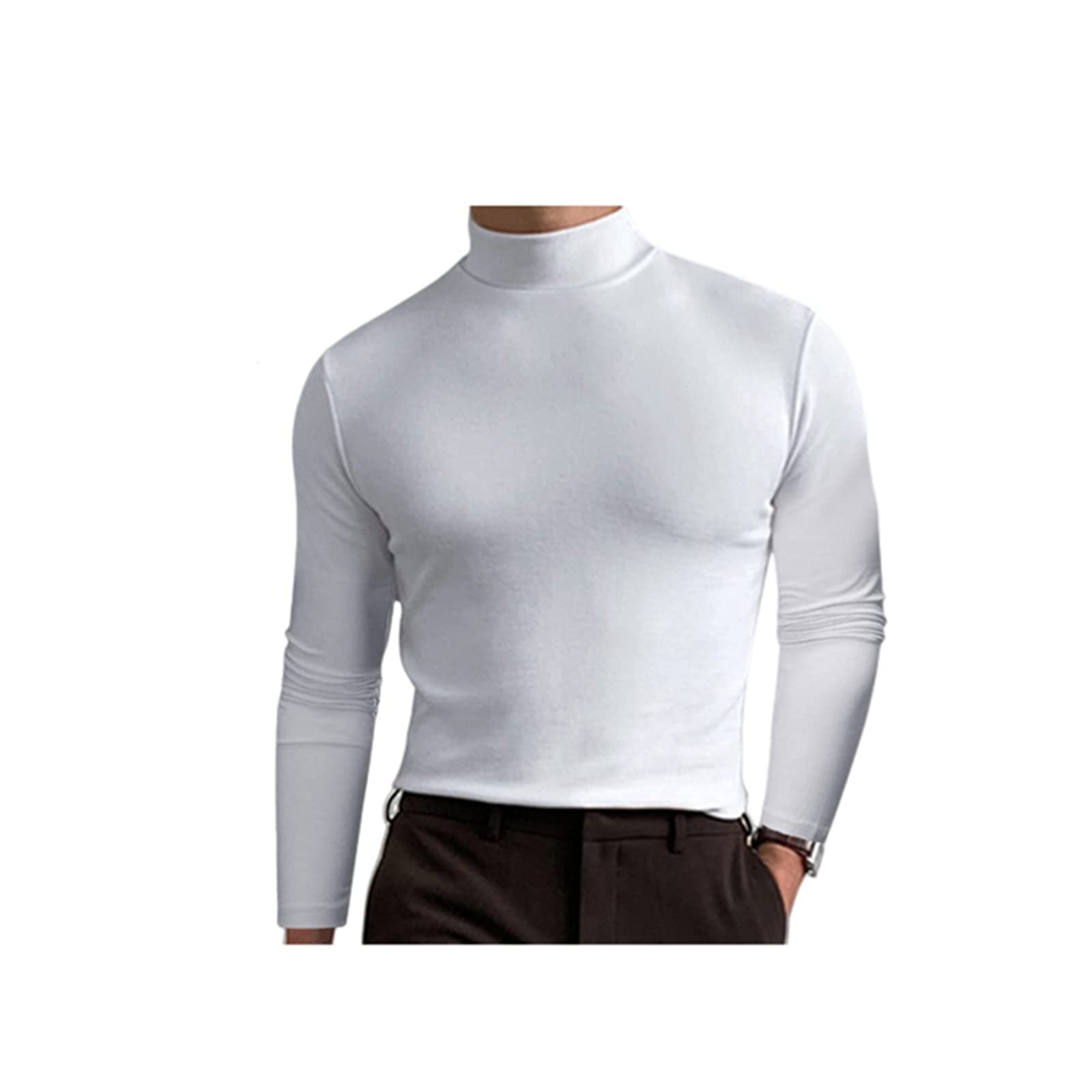 MUGUOY Men's High Neck Slim Fit Long Sleeve T-Shirt,Men's Casual Mock Turtleneck Slim Fit Basic Tops,Fashion Pullover Stretch Thermal Underwear Top. (S, White)
