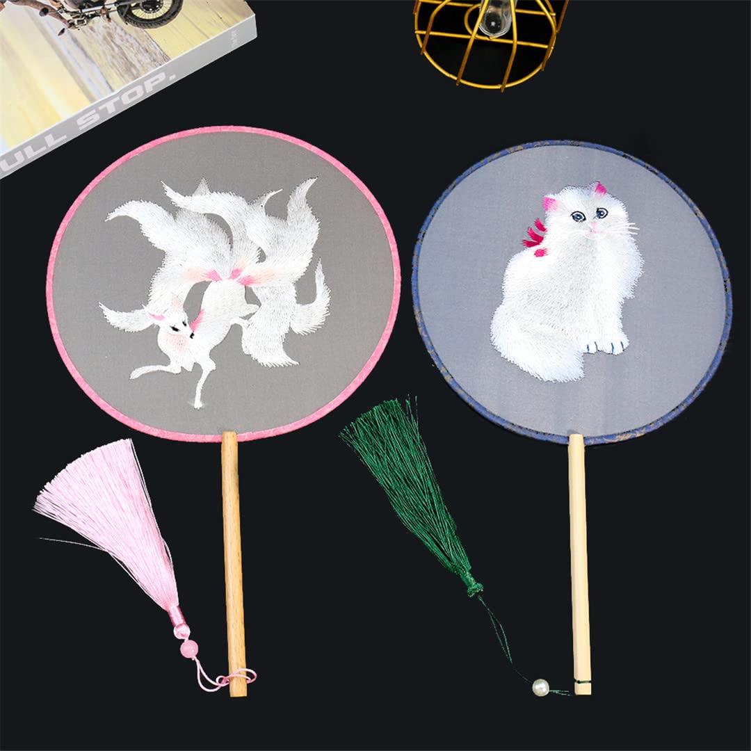 Lmtossey Chinese Fan Double-Sided Embroidery Peacock Kitten Animal Pattern Round Fan Ancient Costume Hanfu Cheongsam Decorative Crafts