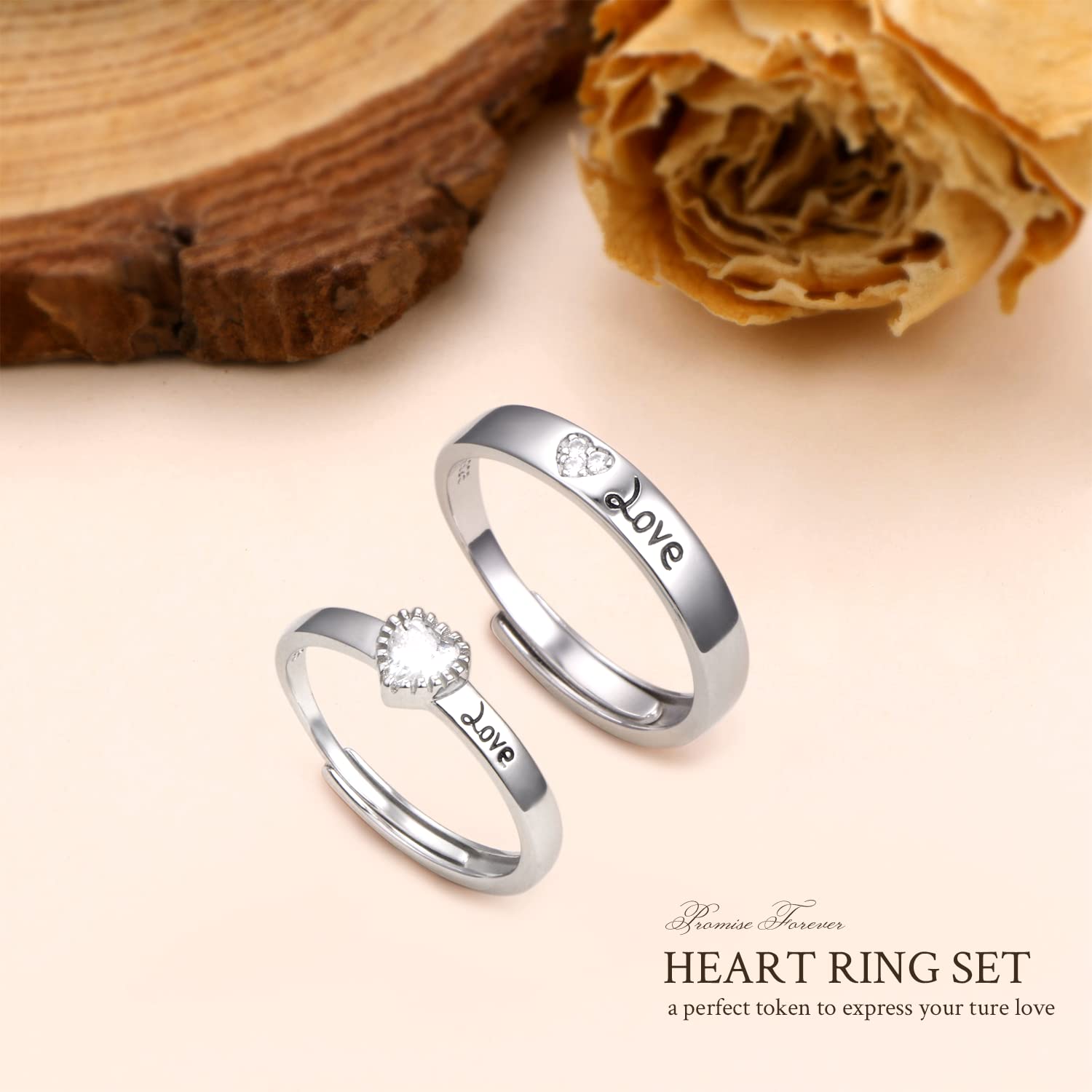 Heart Promise Rings for Couples I Love You 2PCS 925 Sterling Silver Adjustable Matching Rings for Couples His and Her Wedding Rings Set