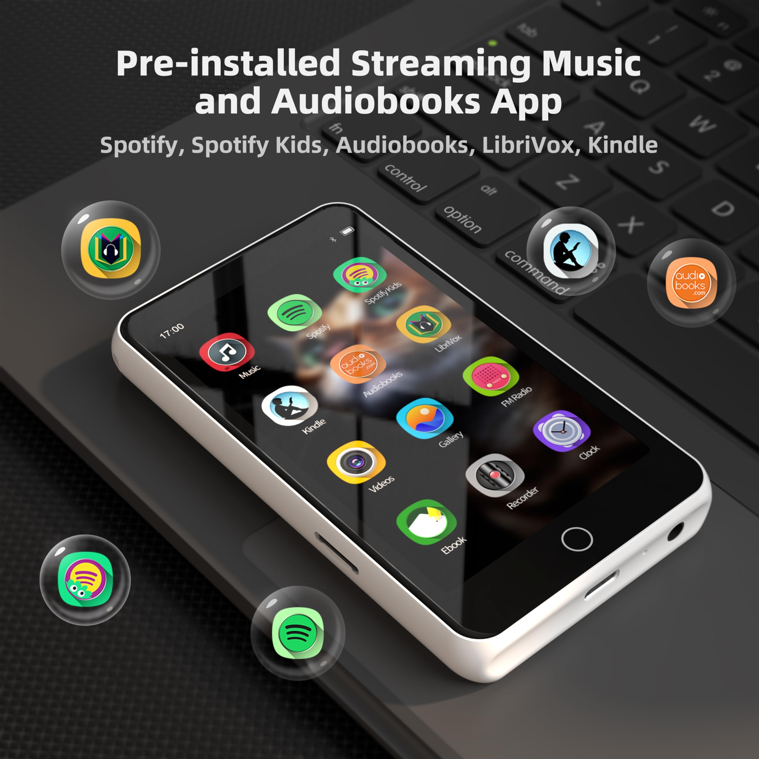 innioasis 128GB MP3 Player with Bluetooth and WiFi, Pre-Installed Spotify, Spotify Kids, FM Radio, 4" Touch Screen Android Streaming MP3 MP4 Player for Kids (White)