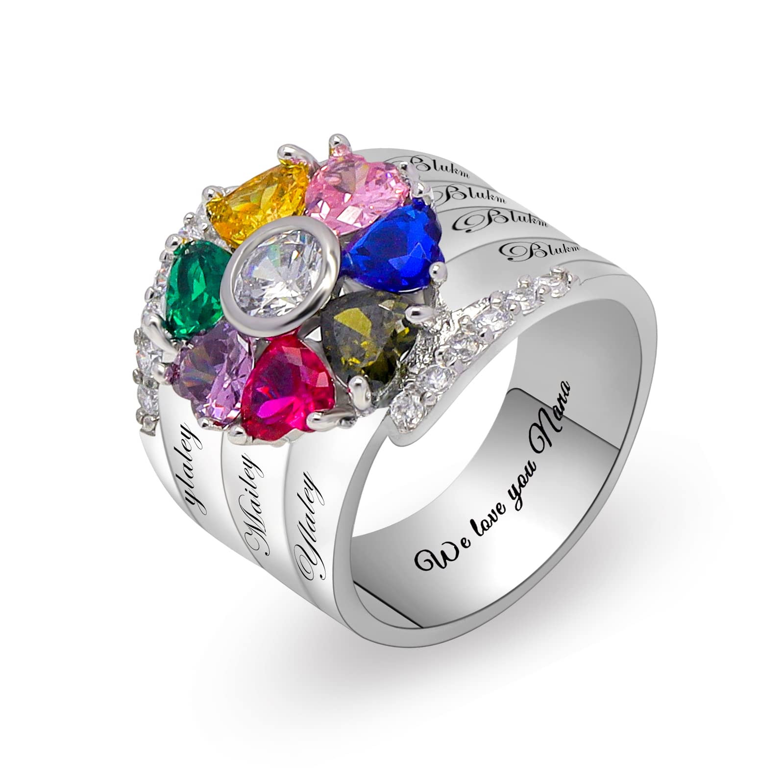 Laleonpame Custom Grandmother Ring Sterling Silver with 7 Birthstones & Names Family Wedding Band Mother's Day Ring