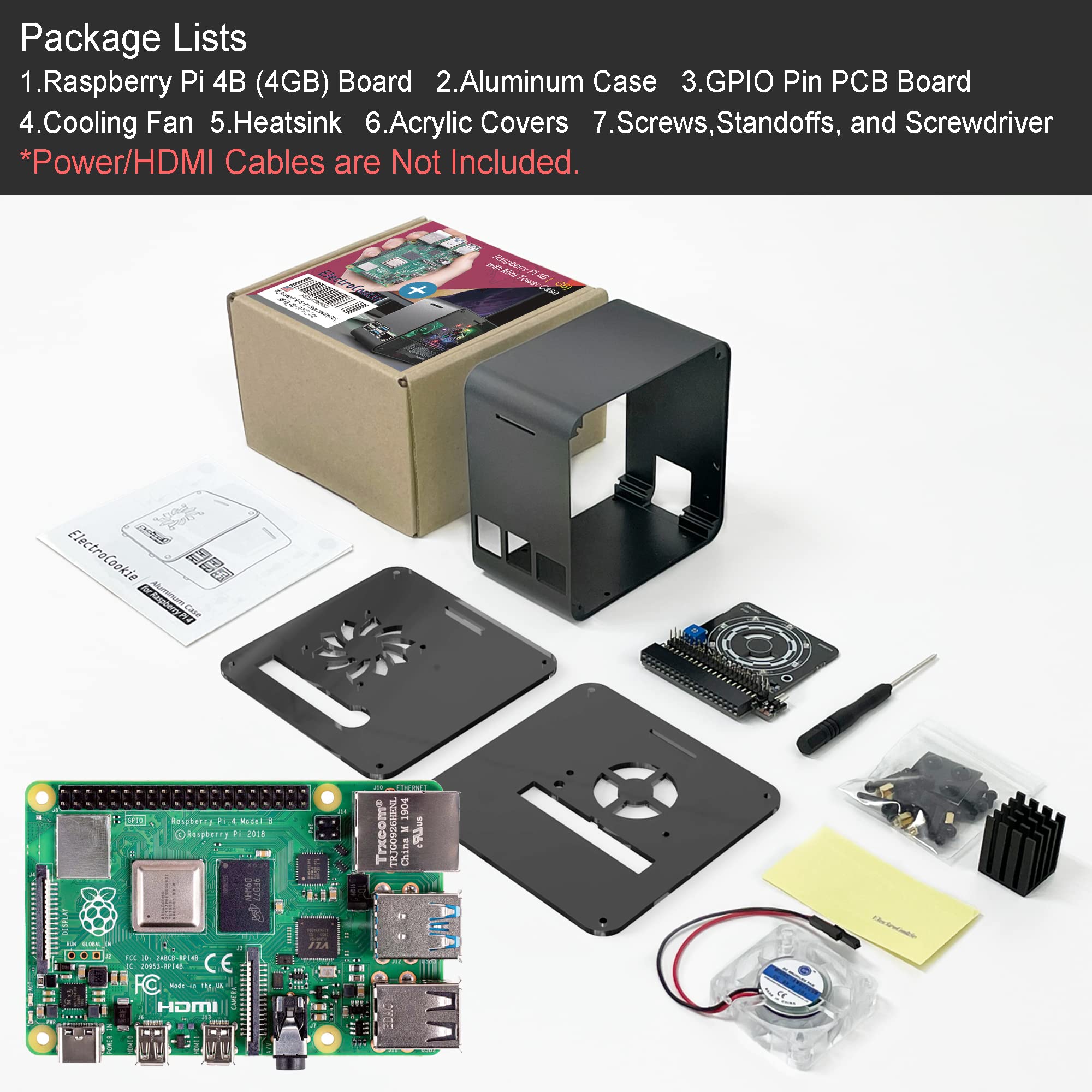 Raspberry Pi 4B (4GB) Board with Mini Tower Aluminum Case, Cooling Fan and Color Changing Ambient Light (Matte Black)