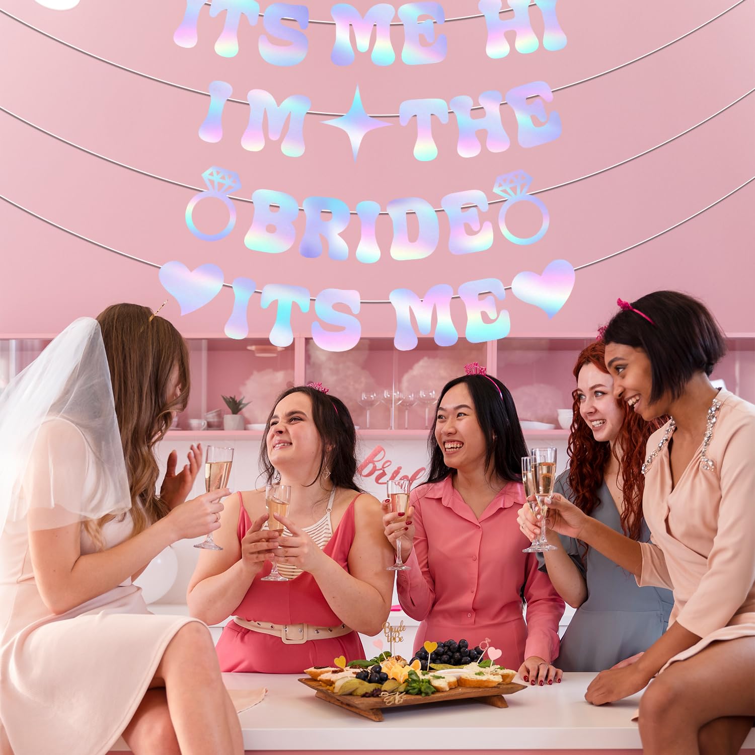 Pre-Strung Glitter Bachelorette Party Decorations, Iridescent Its Me Hi Im the Bride Its Me Bachelorette Party Banner, Bride Banner for Bachelor Party Favors