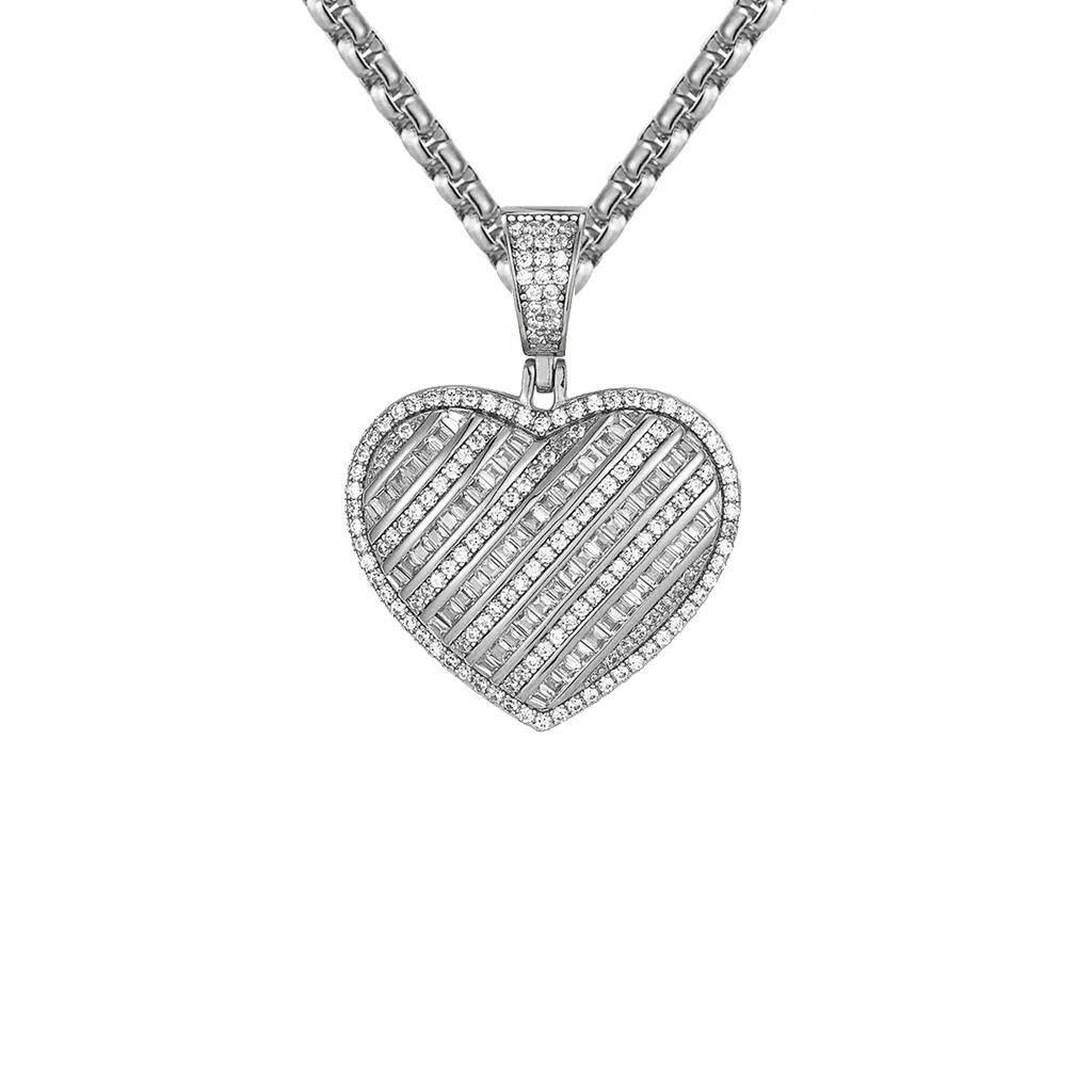 Master of Bling Sterling Silver Baguette Heart Custom Pendant 14K White Gold Tone Free Box Chain