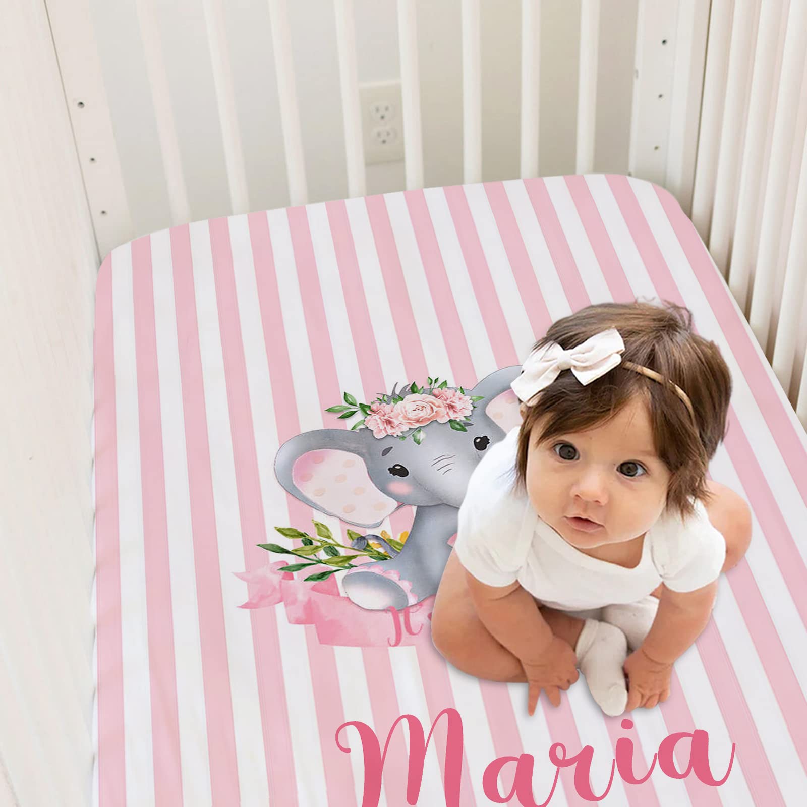 Memoryriver Personalized Elephant Pink Baby Crib Sheets with Name, Customized Fitted Bedding for Girls, Mattress Sheets, Pack and Play Mini Sheet | Name, 52x28x8 Inch