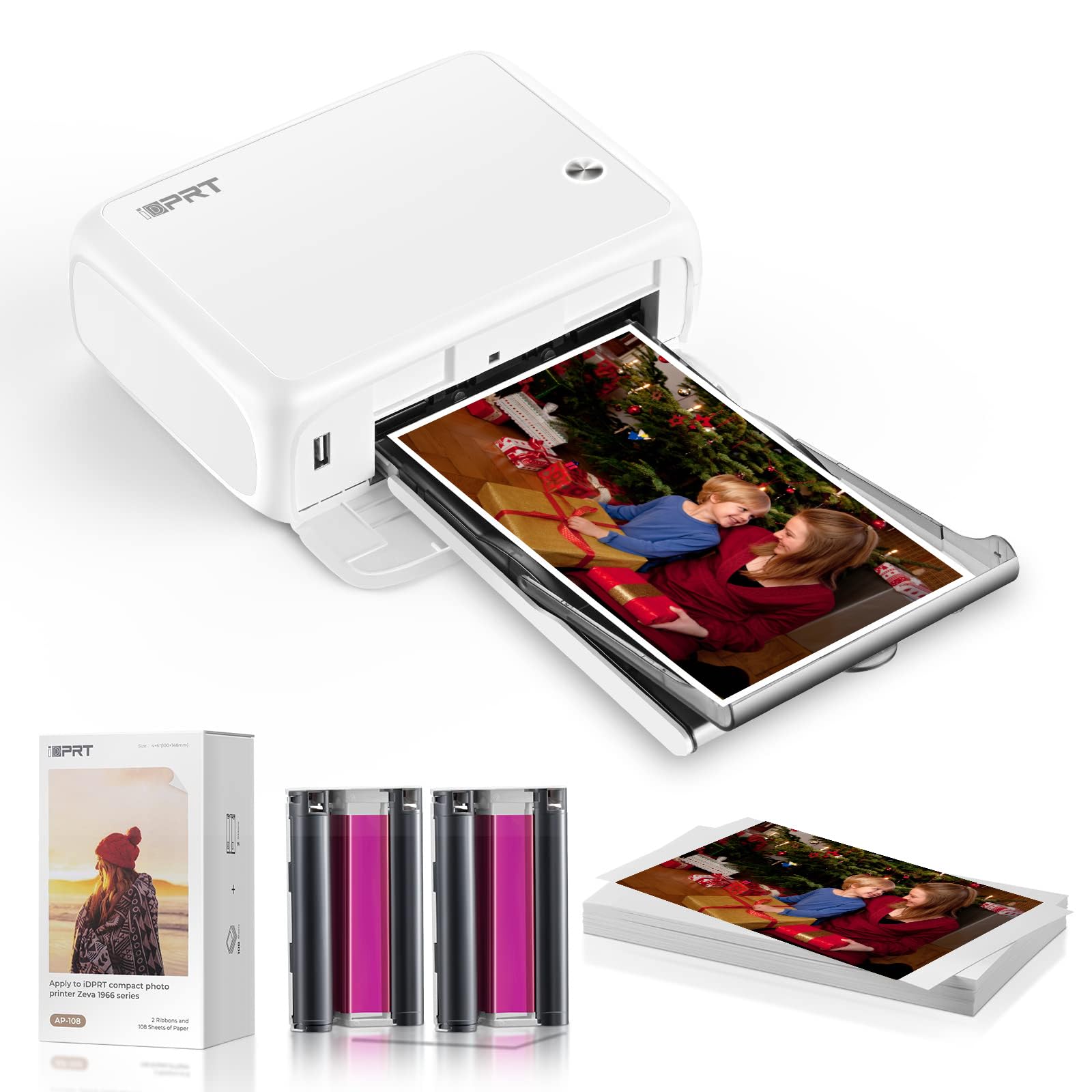 iDPRT 4'' x 6'' Photo Printer Bundle (108 pcs + 2 Ribbon), Instant Photo Printer, Full-Color Photo, AR Video Printing, Thermal Dye Sublimation, Thermal Photo Printer for Home Use, Support iOS Android