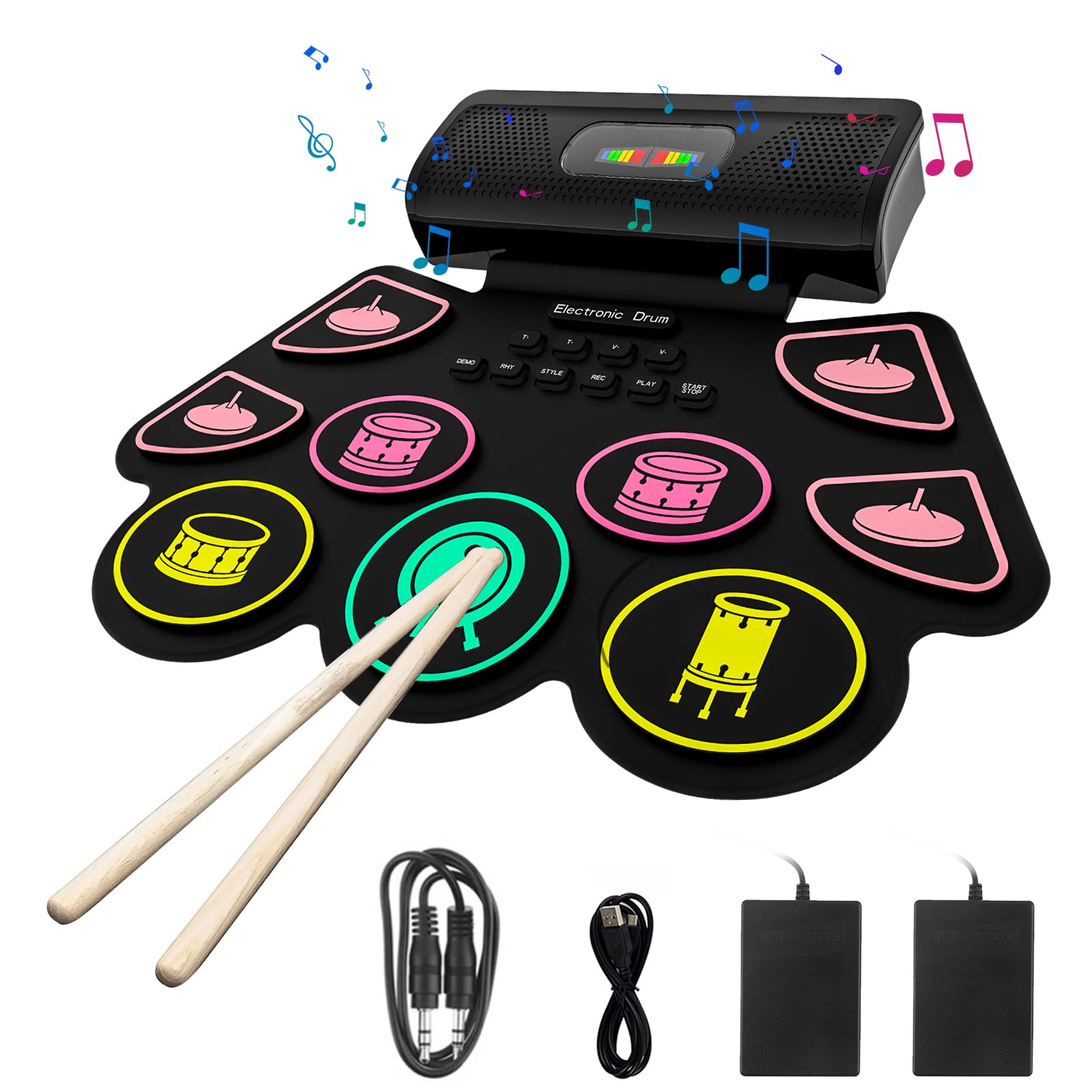 Lamir Electronic Drum set for Kids 9 Drum Pads withRoll Up Drum Kit with Dynamic LED Display and Built-in Speakers MIDI Recording for Festive Birthday Gifts for Kids and Drum Beginners