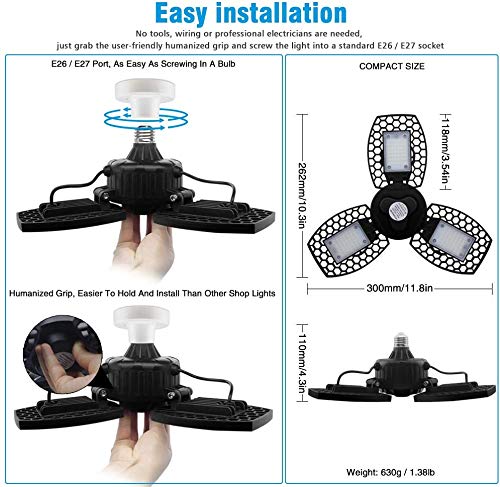 HRB LED Garage Light Upgrade Garage Light Garage Lights Ceiling LED Shop Light 60W Deformable Garage Lights LED, for Shop, Workshop, Garage
