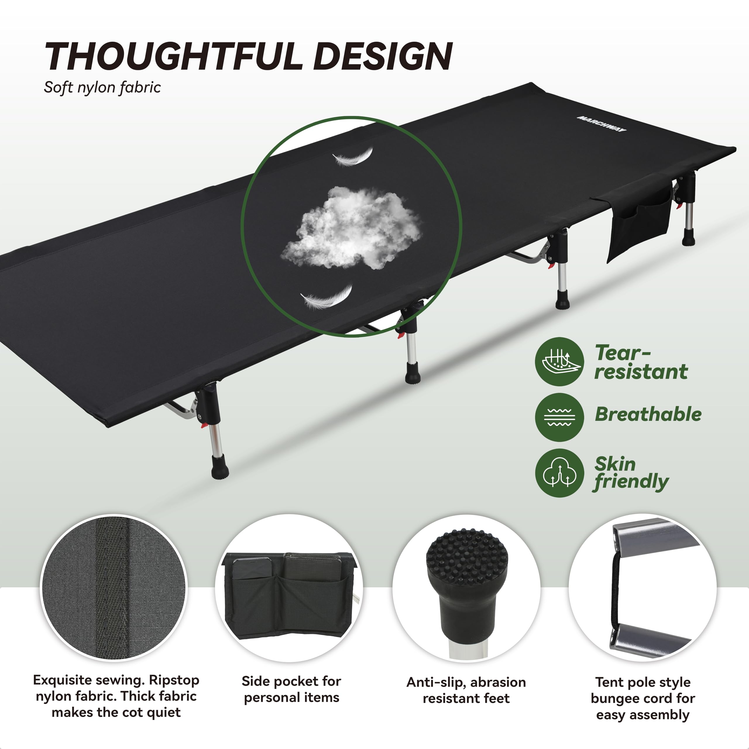 MARCHWAY Lightweight Folding Tent Camping Cot Bed with Lever Lock, Easy Setup Portable Compact for Outdoor Travel, Hunting, Hiking, Motorcycling, Support 330Lbs (Black)