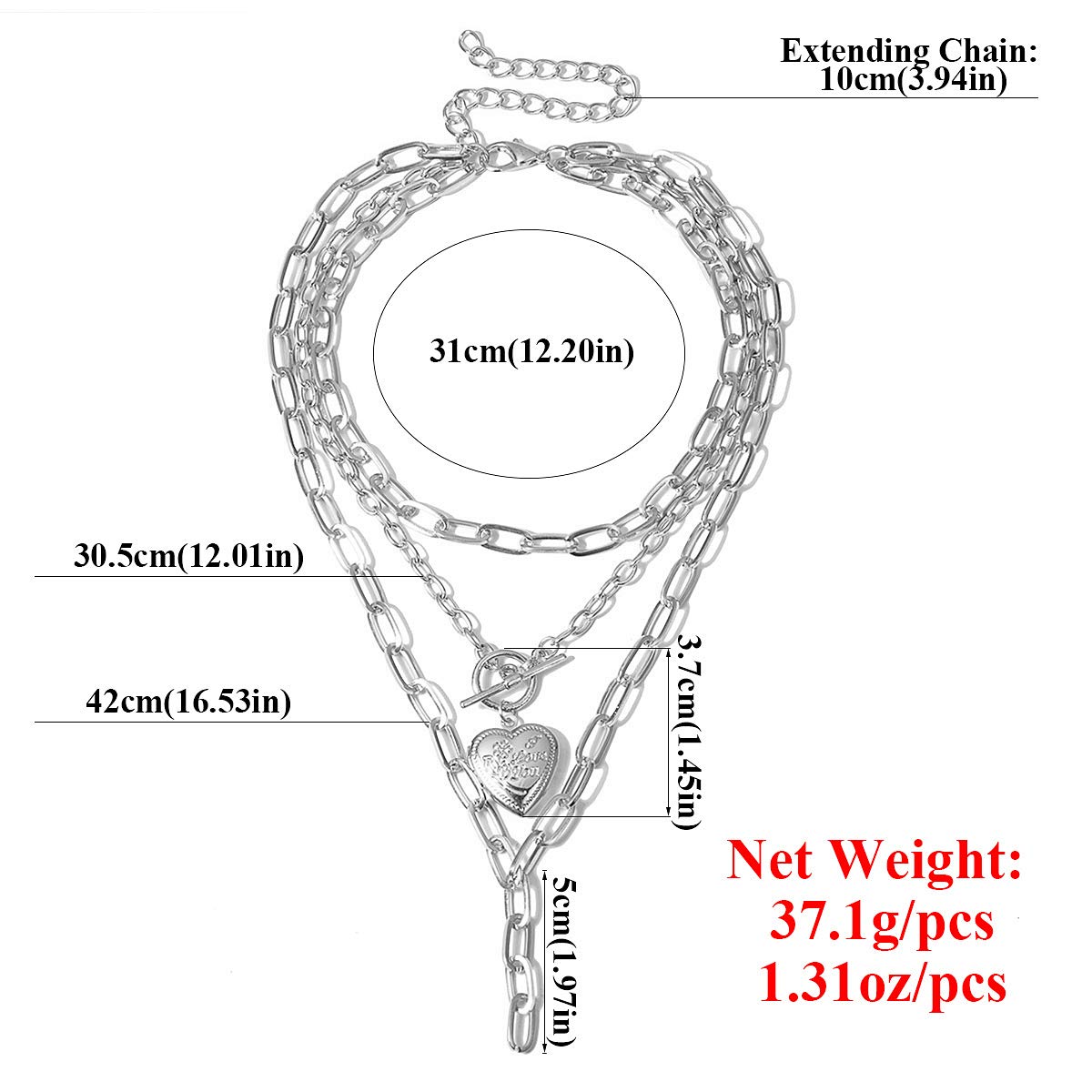 Ingemark Statement Cool Punk Chunky Chain Toggle Necklace for Women Heart Shaped Photo Locket Pendant Layered Heart Locket Necklace (Style 3 Silver)
