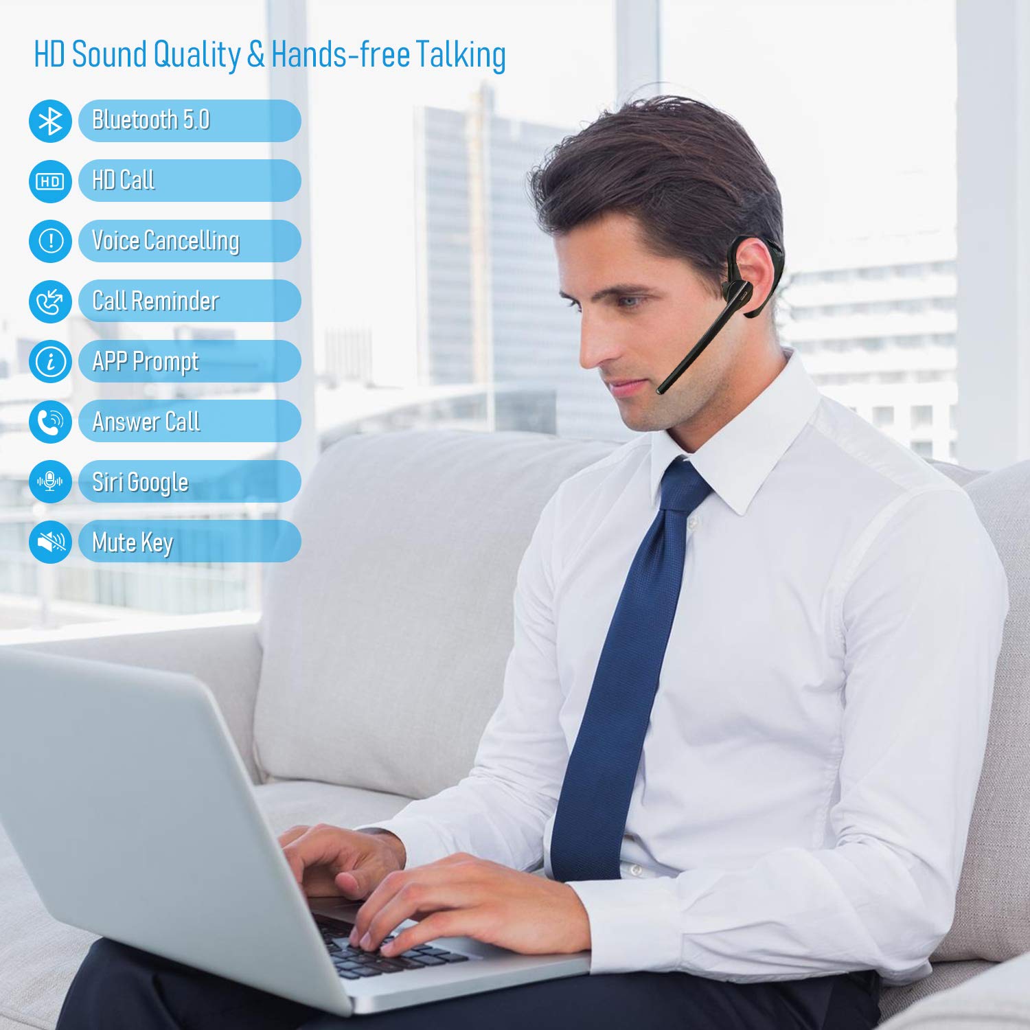 iDIGMALL Trucker Bluetooth Headset for Cell Phone, Wireless Headphone with HD Microphone, Noise Cancelling Bluetooth 5.0 Earphone for Office Business Skype 12H Hands-Free Earpiece w/Mute Function