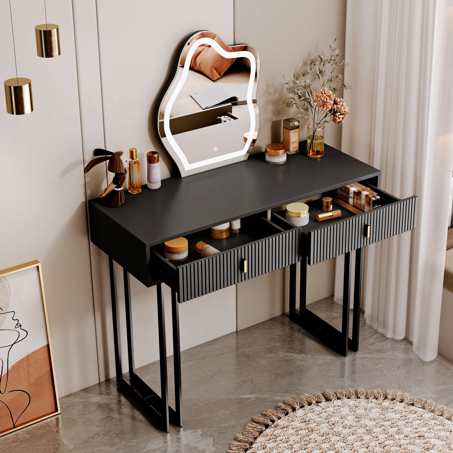 Ieejdn Black Vanity Desk with 3-Color Touch Screen Lighted Mirror, 2 Drawers, Makeup Vanity Table Set with Lights, Dressing Table for Women Girls