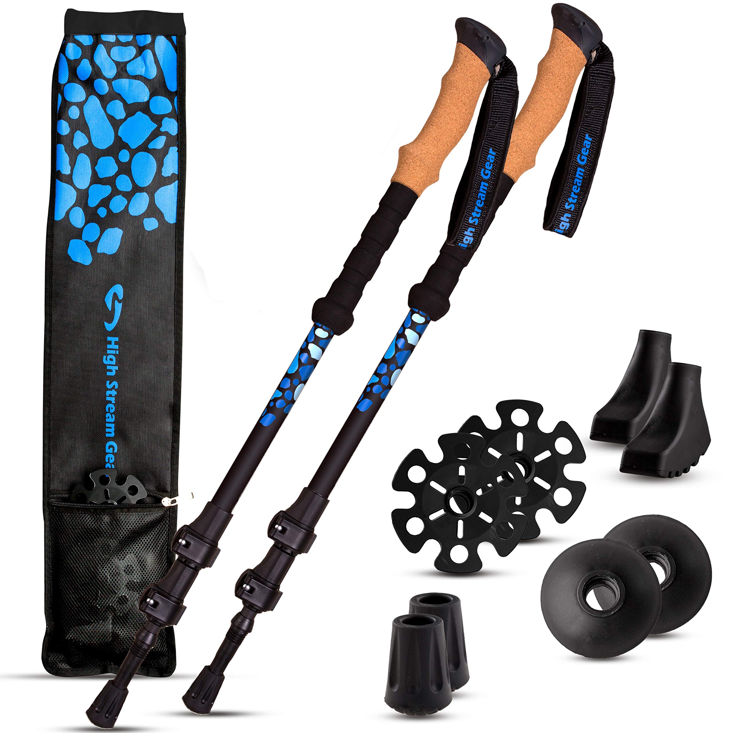 High Stream Gear Trekking Poles Real Cork Grip Handles - Ultra-Lightweight – Telescopic Compact Hiking Poles Includes Essentials Accessories for Walking and Backpacking (Aluminum 7075, Blue)