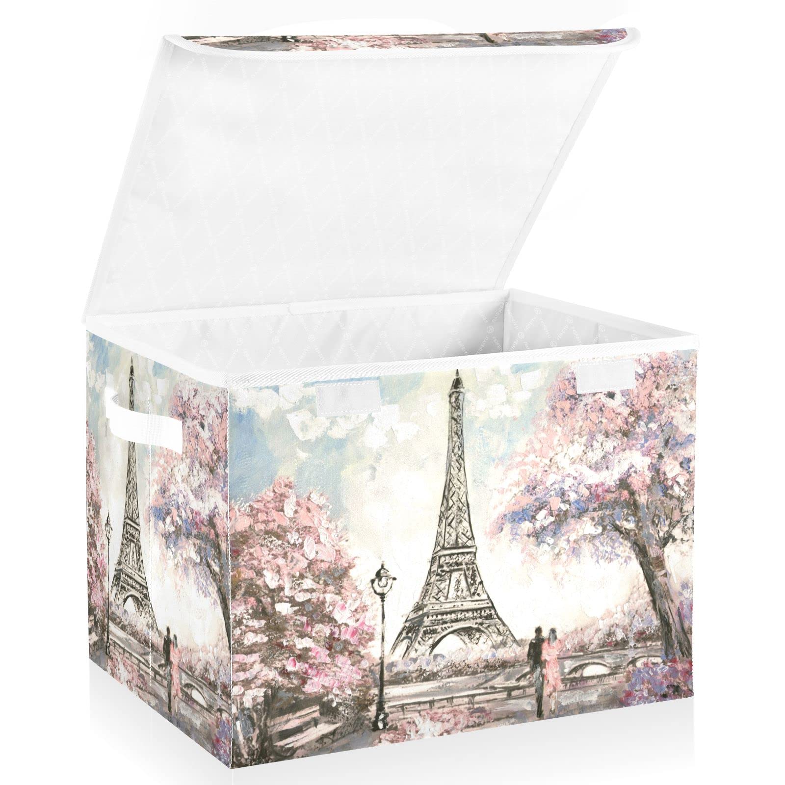 Kigai Beautiful Paris Eiffel Tower Lidded Home Storage Bins, Foldable Storage Basket with Double Handle, Flip-Top Storage Box for Toys Clothes Documents