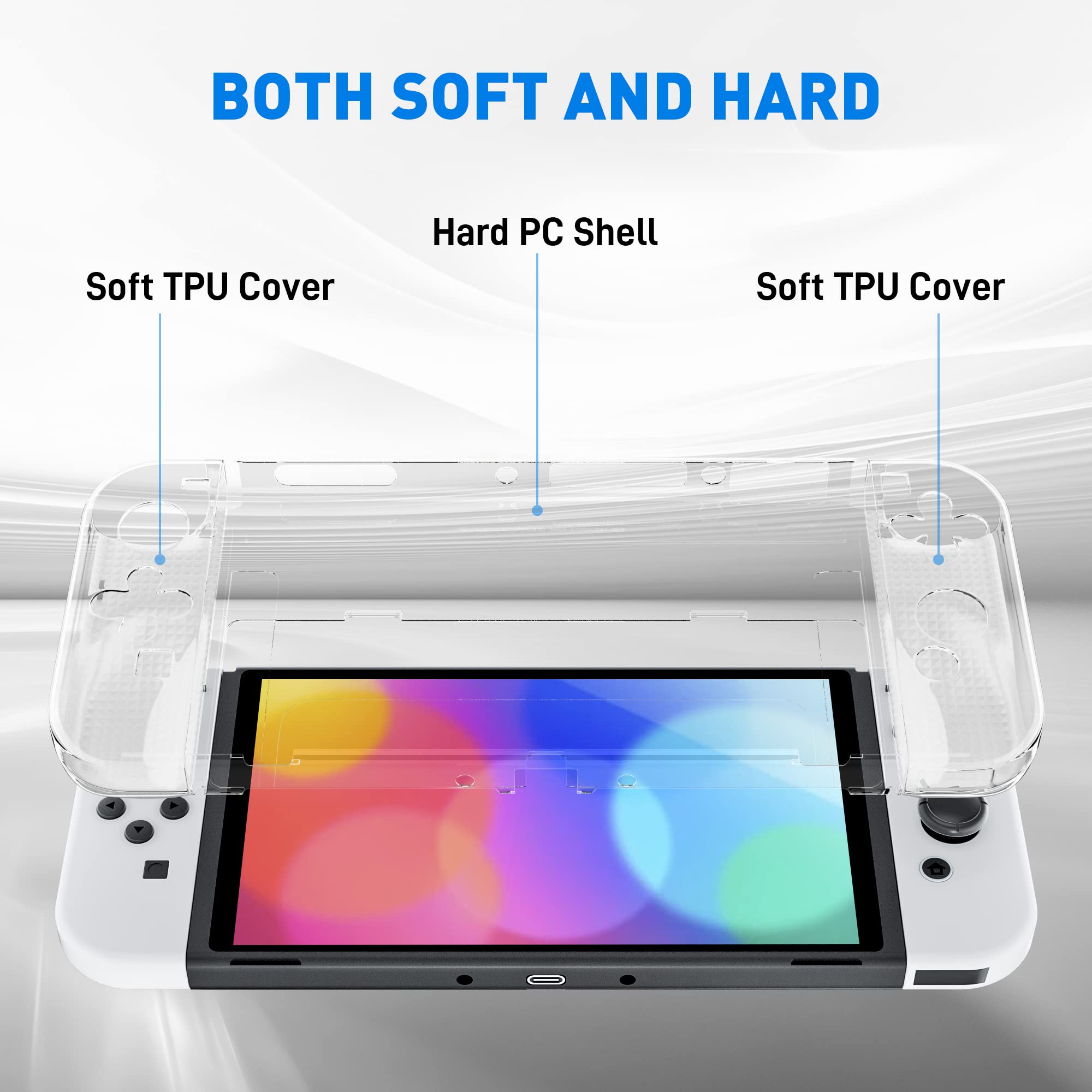 Improved Version - FANPL Clear Case Kit for Nintendo Switch OLED, PC Cover for Switch OLED Console and TPU Case with Transparent Lattice Pattern for Joy Con, with Screen Protector and Thumb Caps
