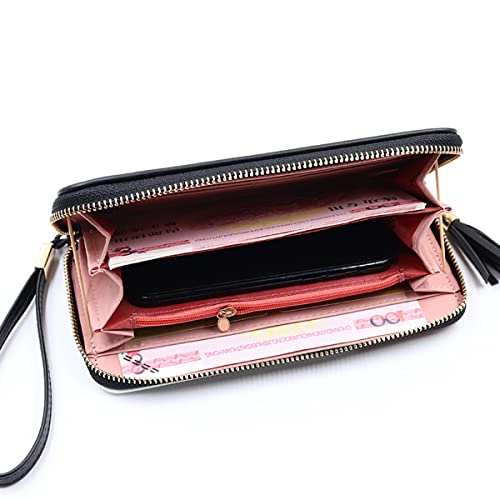 LUNJIAXU Contrasting Colors Tassel Wallet for Women Leather Bifold Compact RFID Blocking Womens Wallet, Multicolor