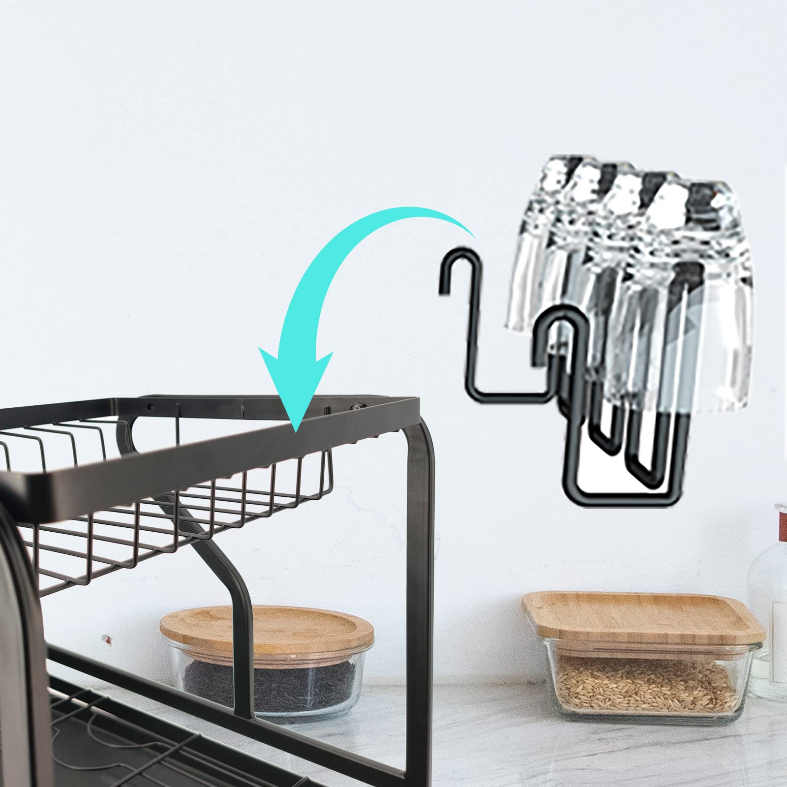 LIMORUNS 2 Tier Dish Rack Dish Drying Rack with Drainboard, Dish Drainer Rack with Utensils, Rustproof Large Black Dish Holders for Kitchen Counter Escurridor De Platos para Fregadero Father's Gift