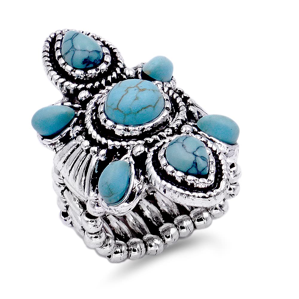 Lavencious Antique Silver/Gold Plated with Turquoise Stones Stretch Statement Rings for Women Size for 7-9 (Antique Silver Plated)